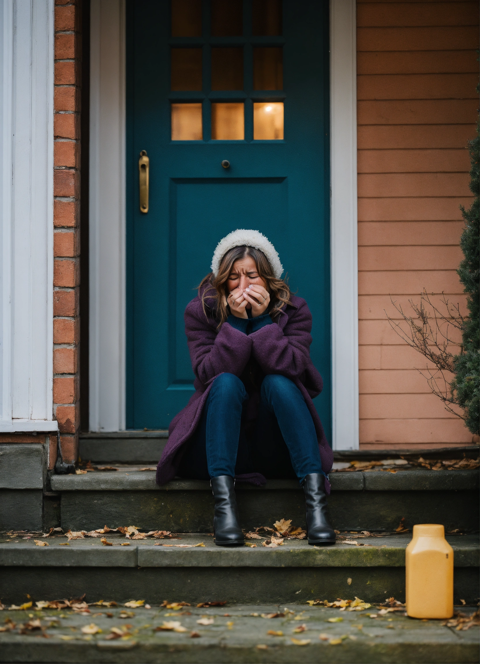 Lexica - A woman is sitting on the doorstep of a house outside in the ...