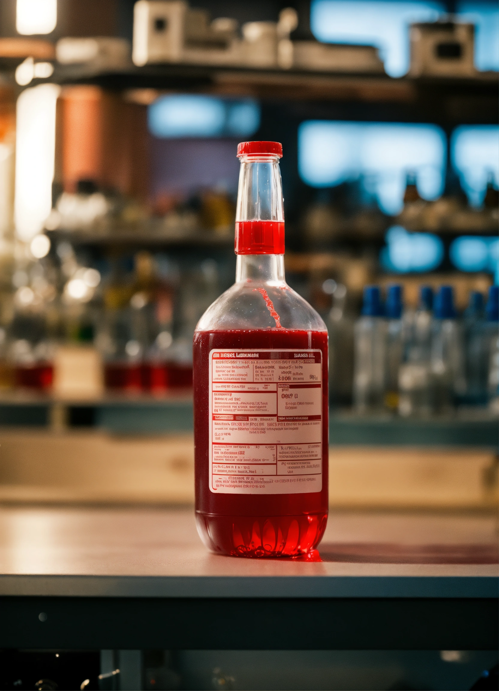 Lexica - A plastic bottle with a clear red liquid inside in a ...
