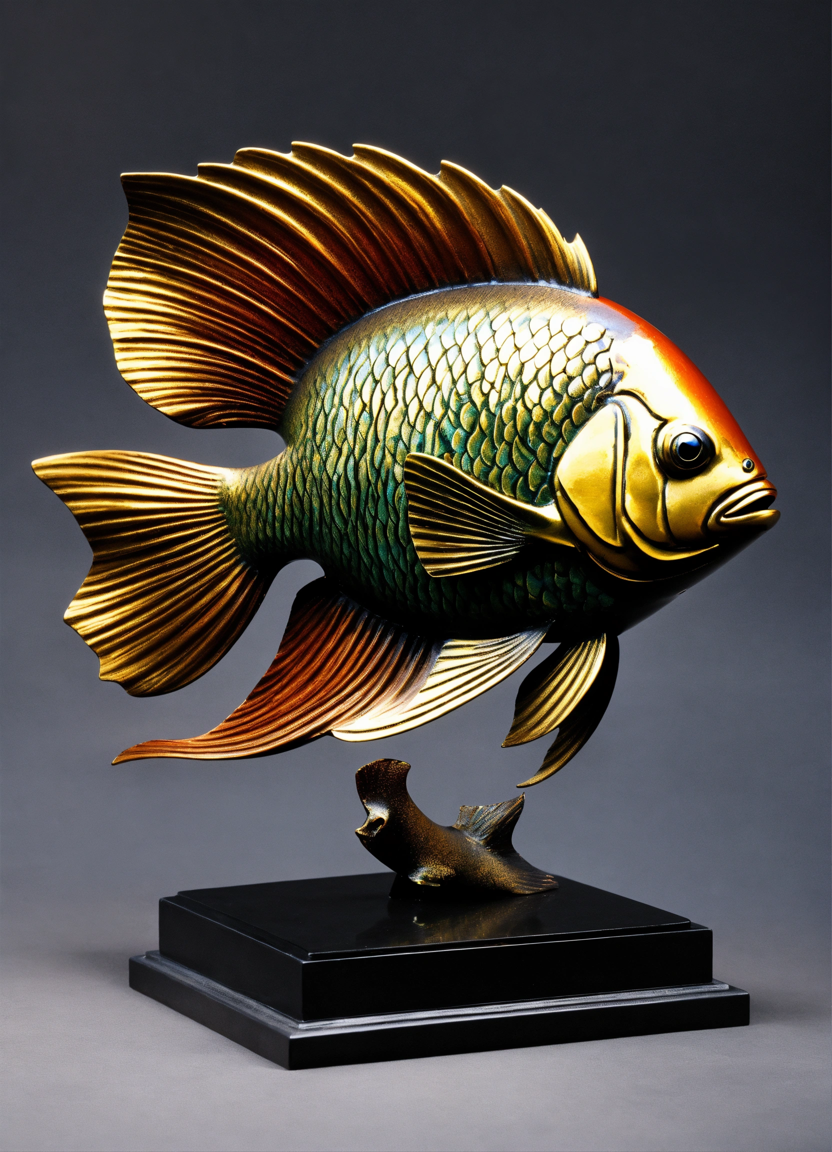 Lexica - A sculpture of beautiful exotic fish bronze on top of a base ...