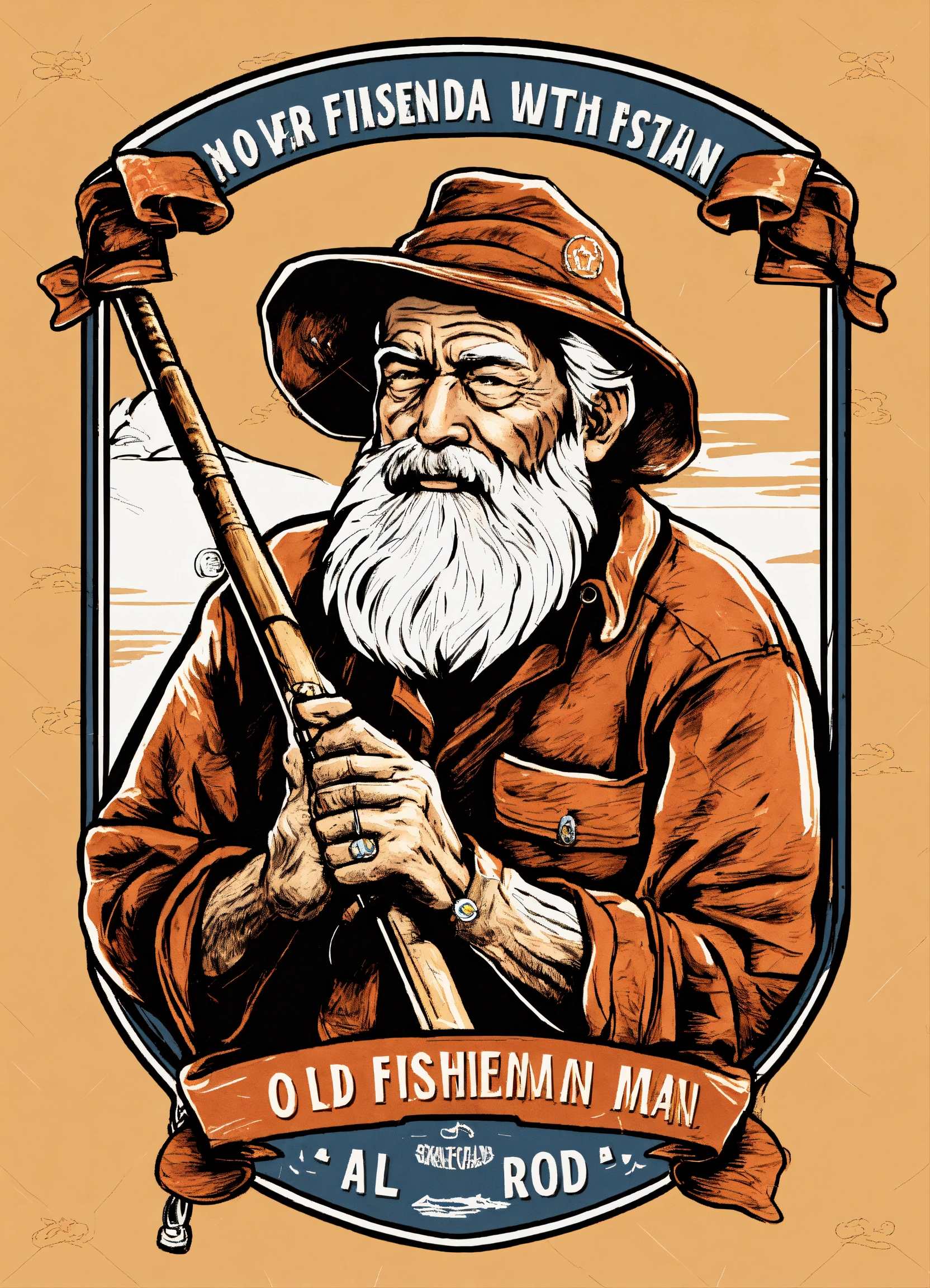 Lexica - T-shirt design, in badge style, with text never underestimate an old man with a rod, in ...