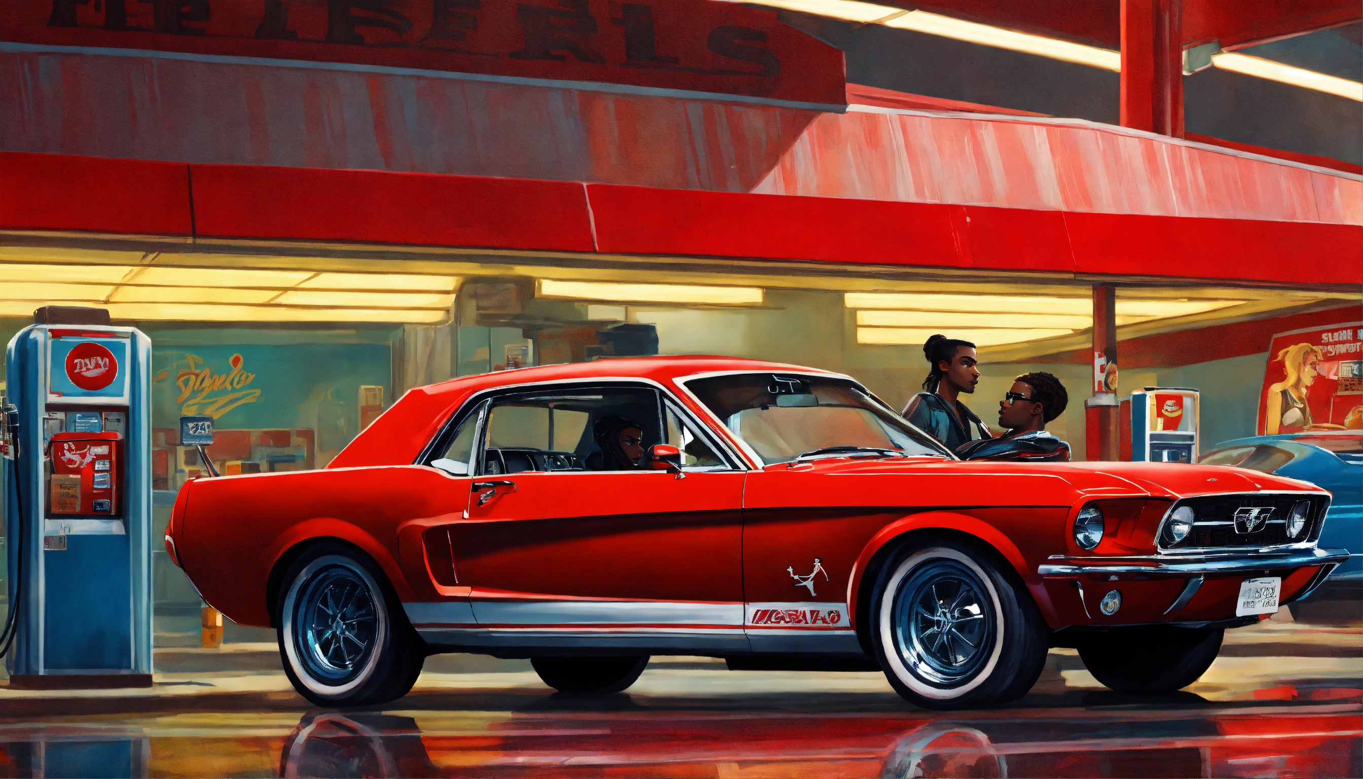 Lexica - Red mustang at a gas station, black african couple inside car ...