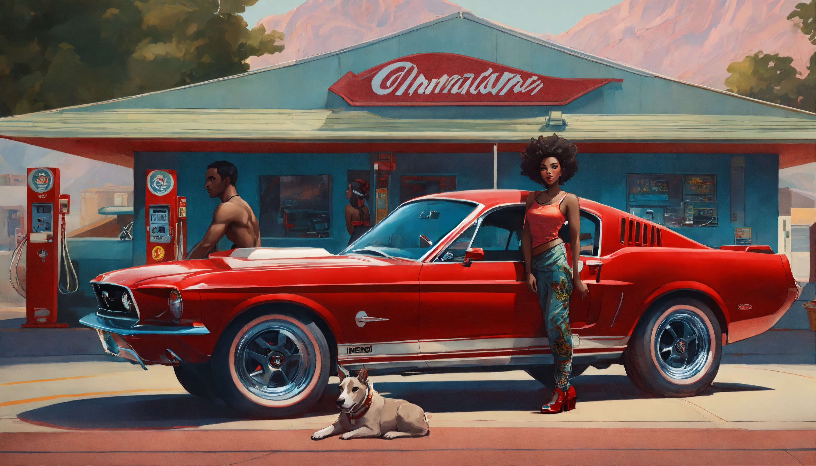 Lexica - Red mustang at a gas station, black african couple inside car ...