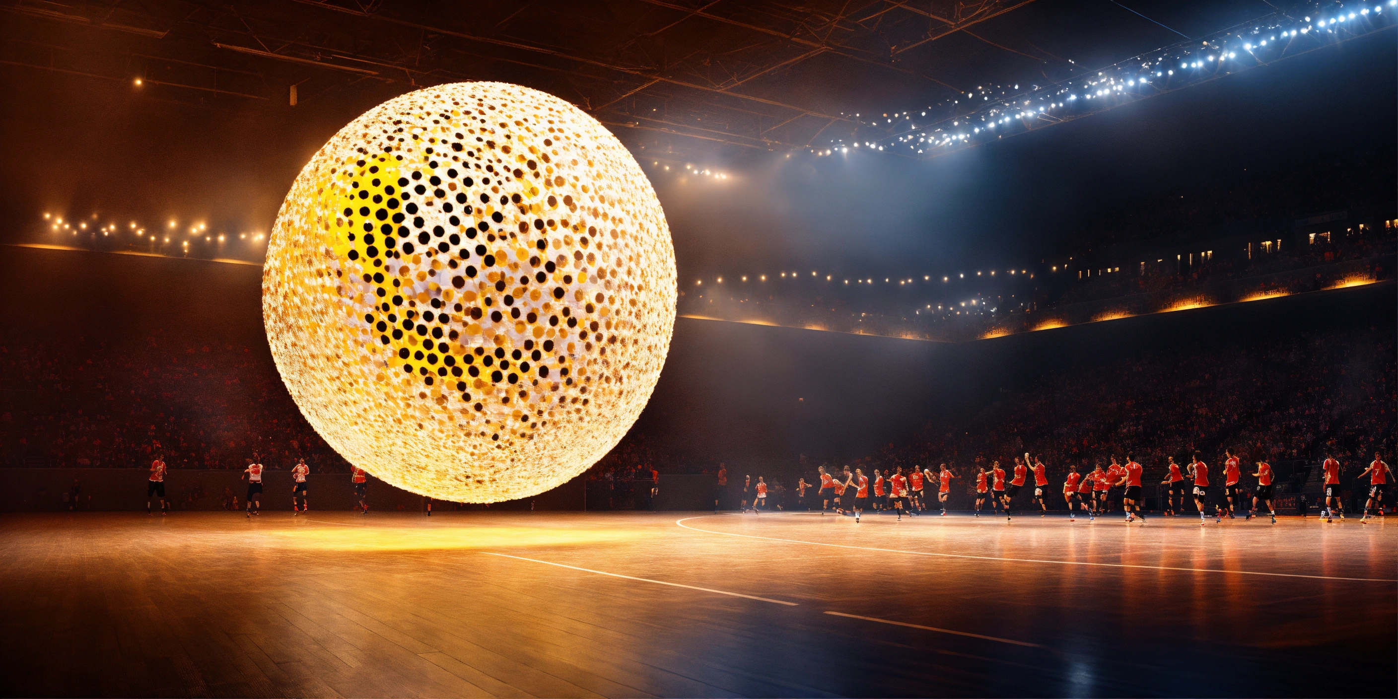 Lexica - Design an image featuring 50 illuminated handballs forming ...