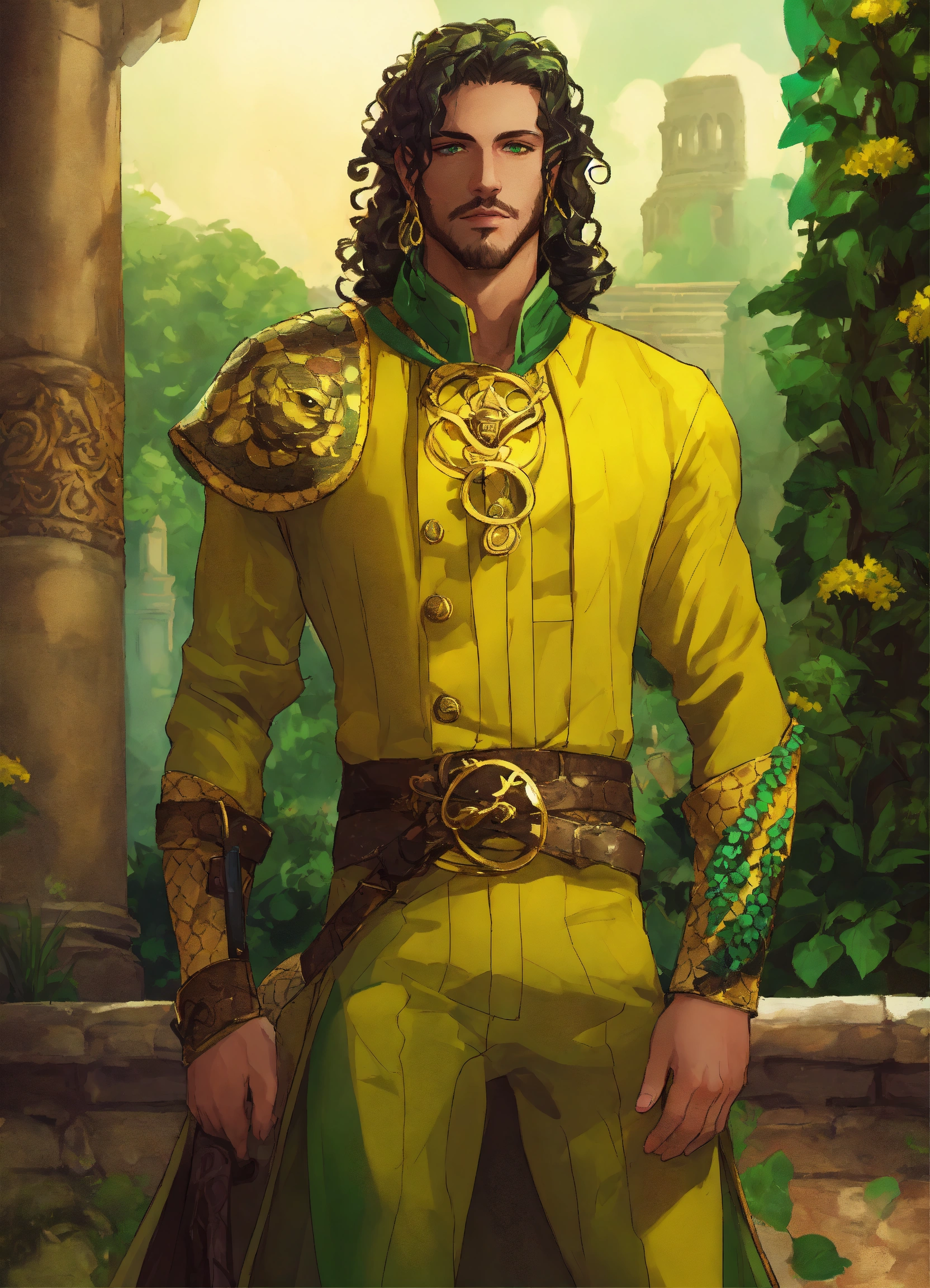 Lexica - A male medusa, metis skin, green eyes, yellow antic outfit ...