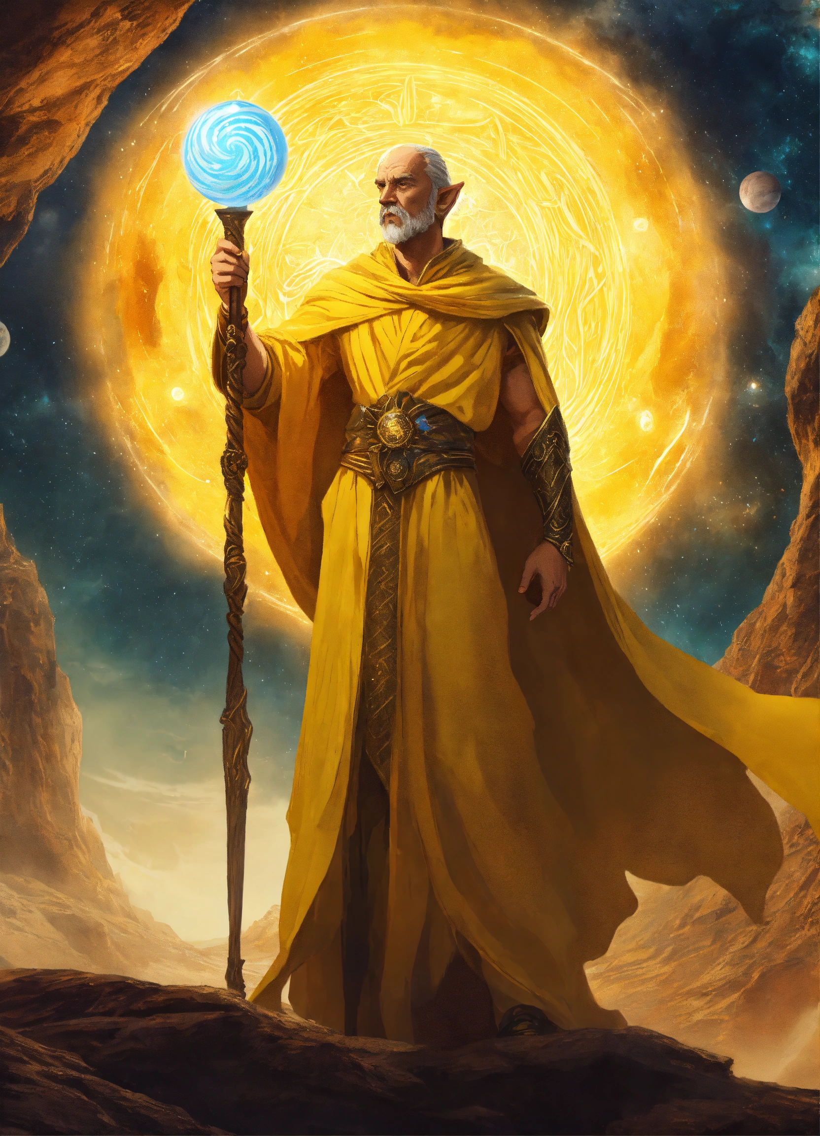 Lexica - Create a elder elf god wearing a yellow robe, in a heroic pose ...
