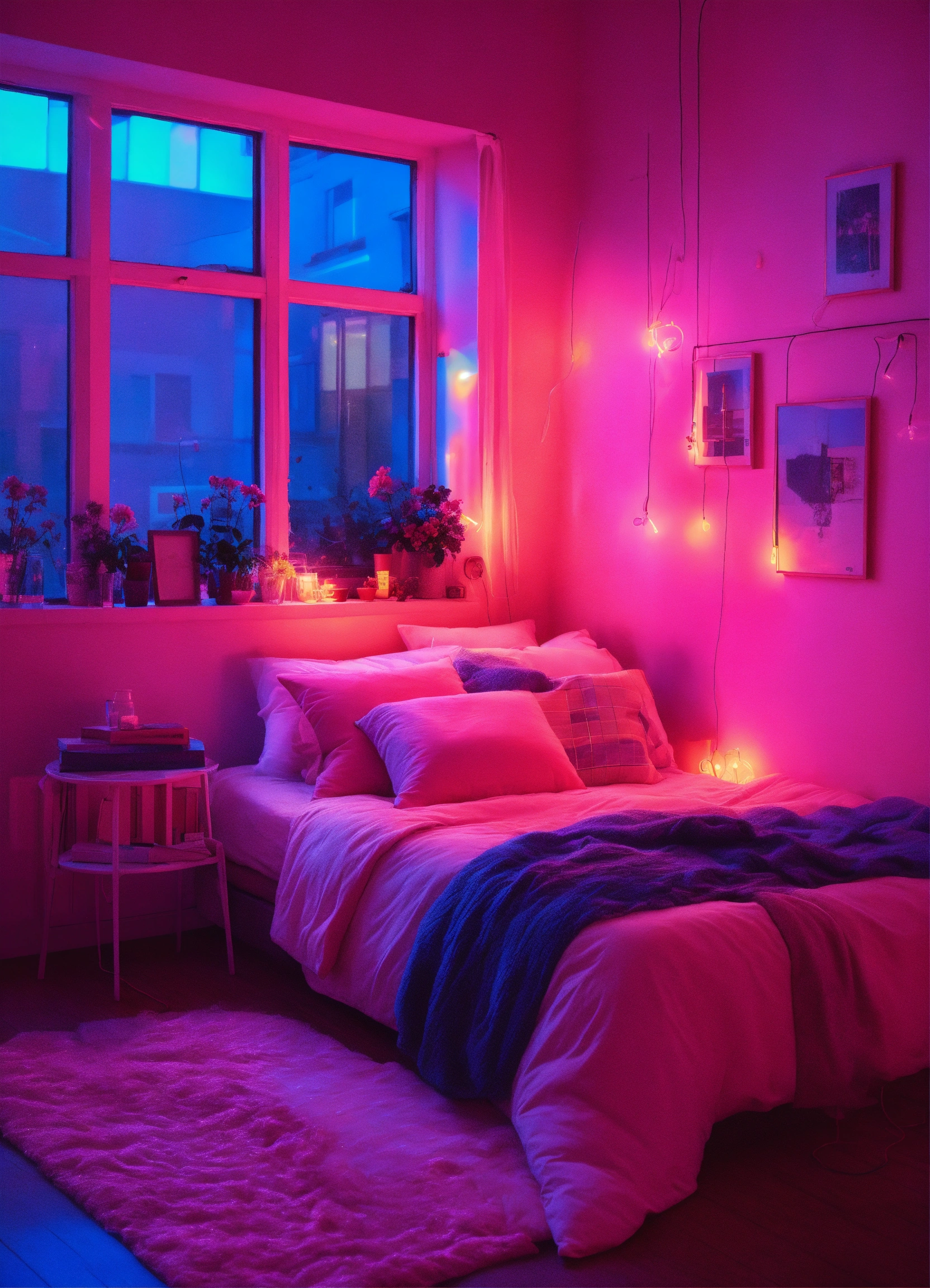 Lexica - Comfortable bed, cushions, pillows, neon lights, blue light ...