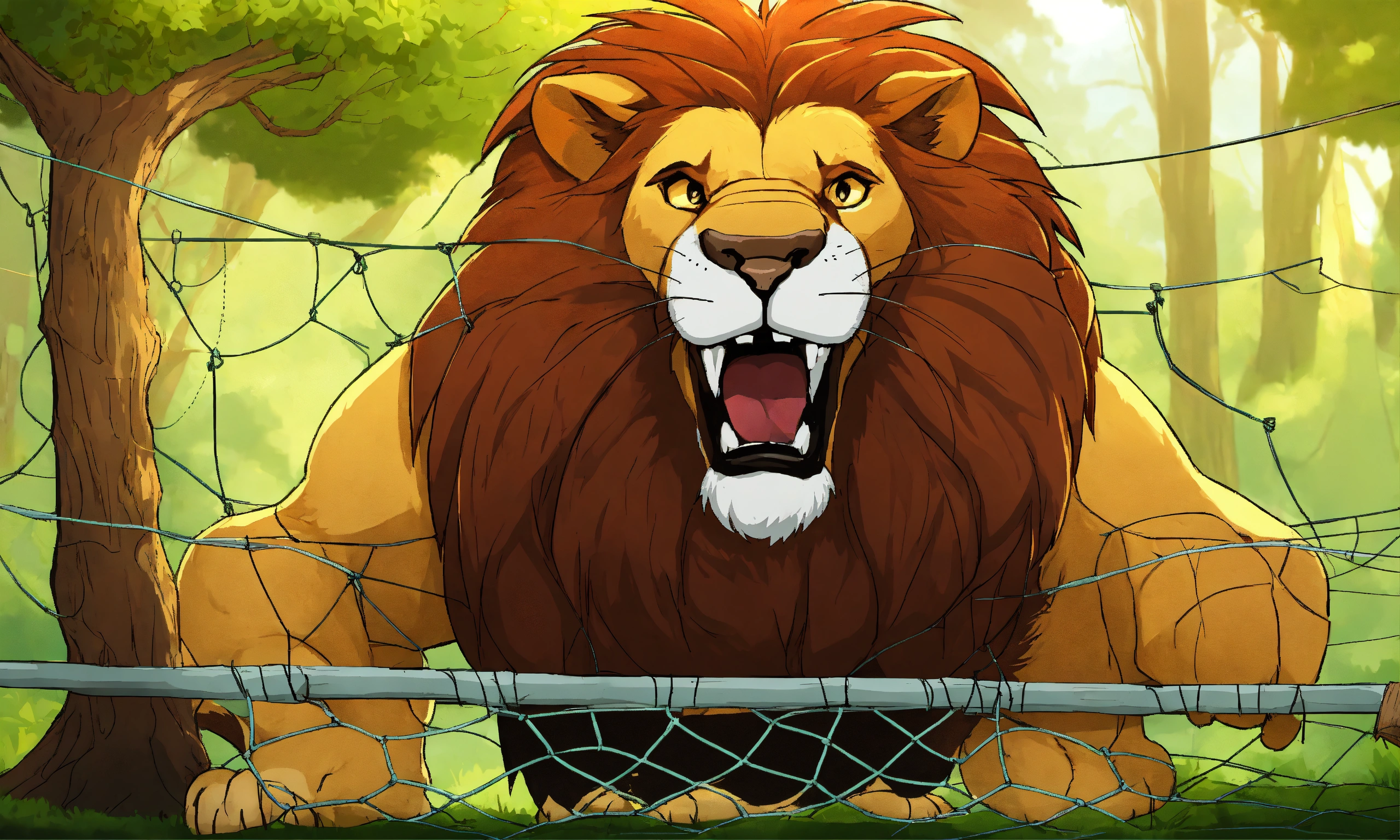 Lexica - Cartoon A big lion gets trapped in a net in the forest and net ...