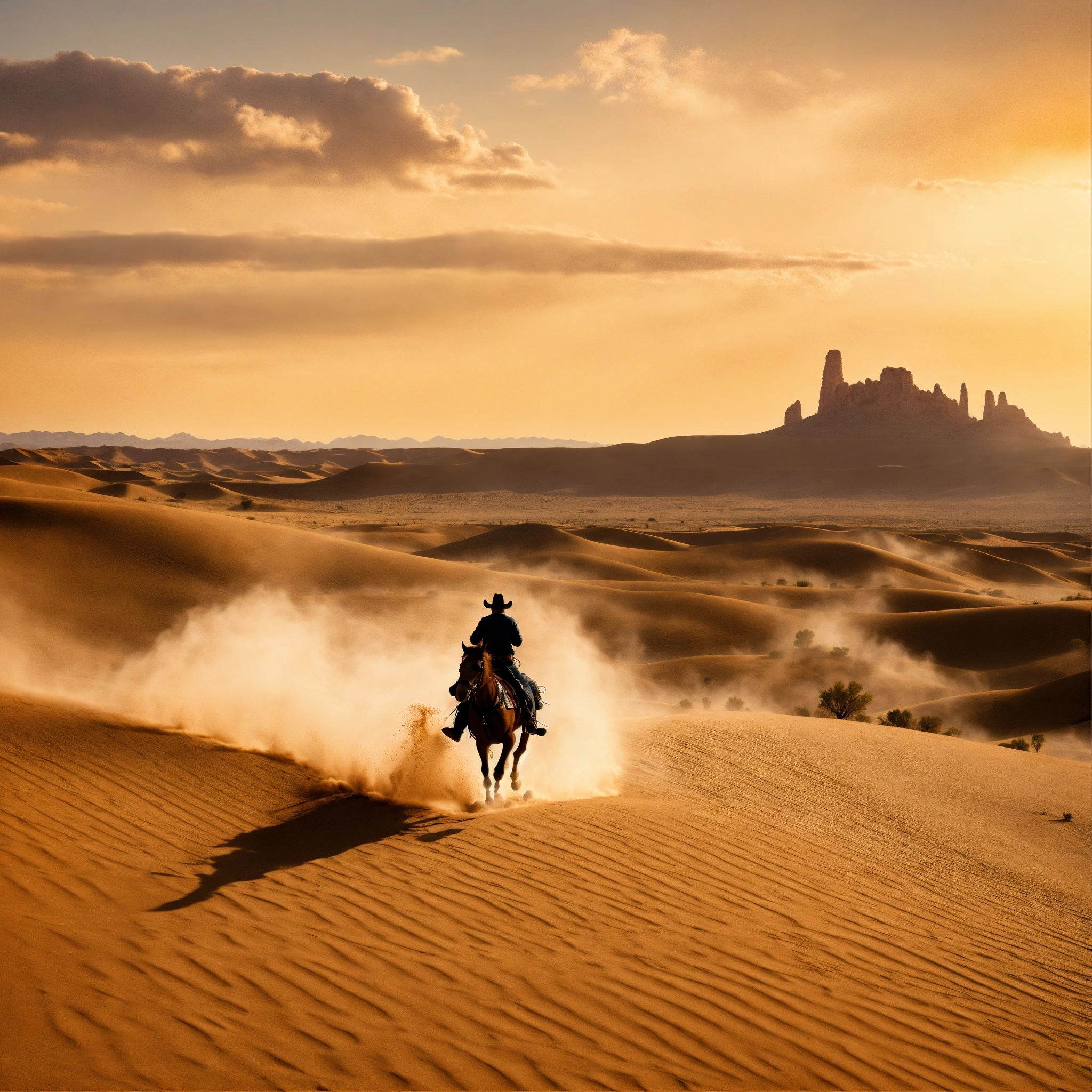 Lexica - A cowboy riding a horse through a desert