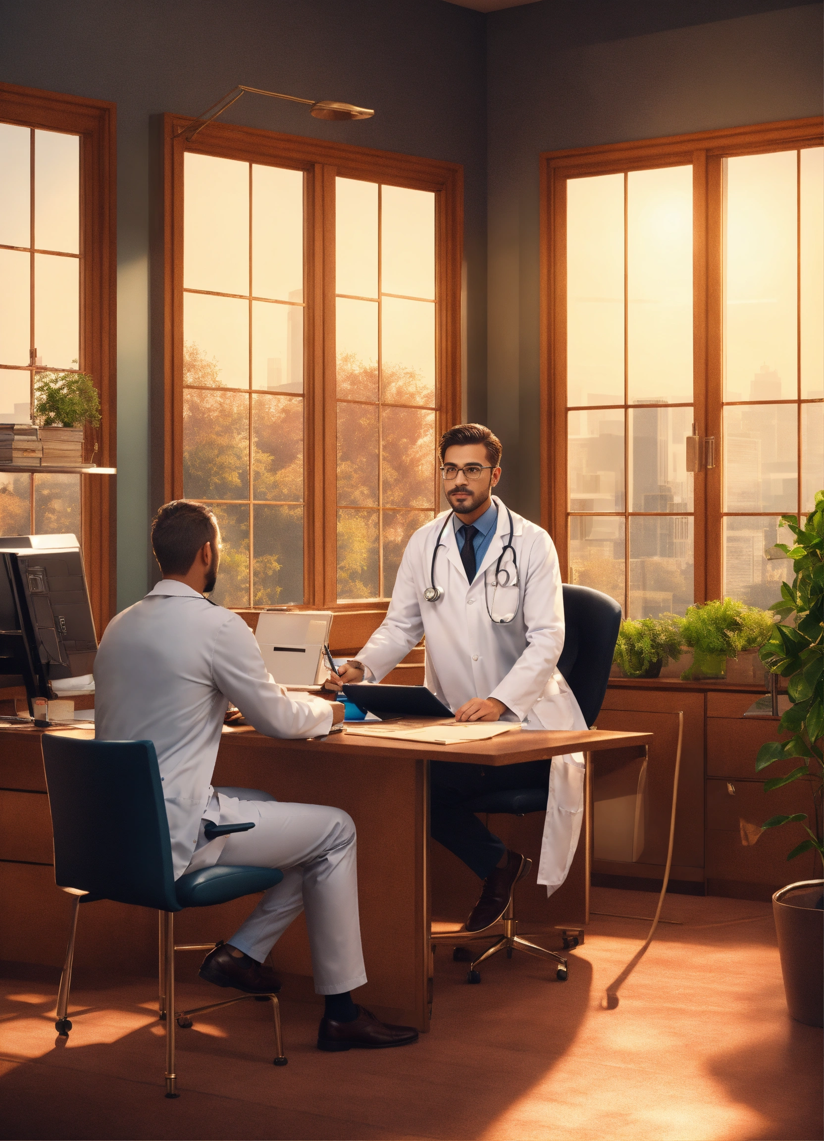 Lexica - Realistic scene of a handsome doctor seeing a patient in a ...