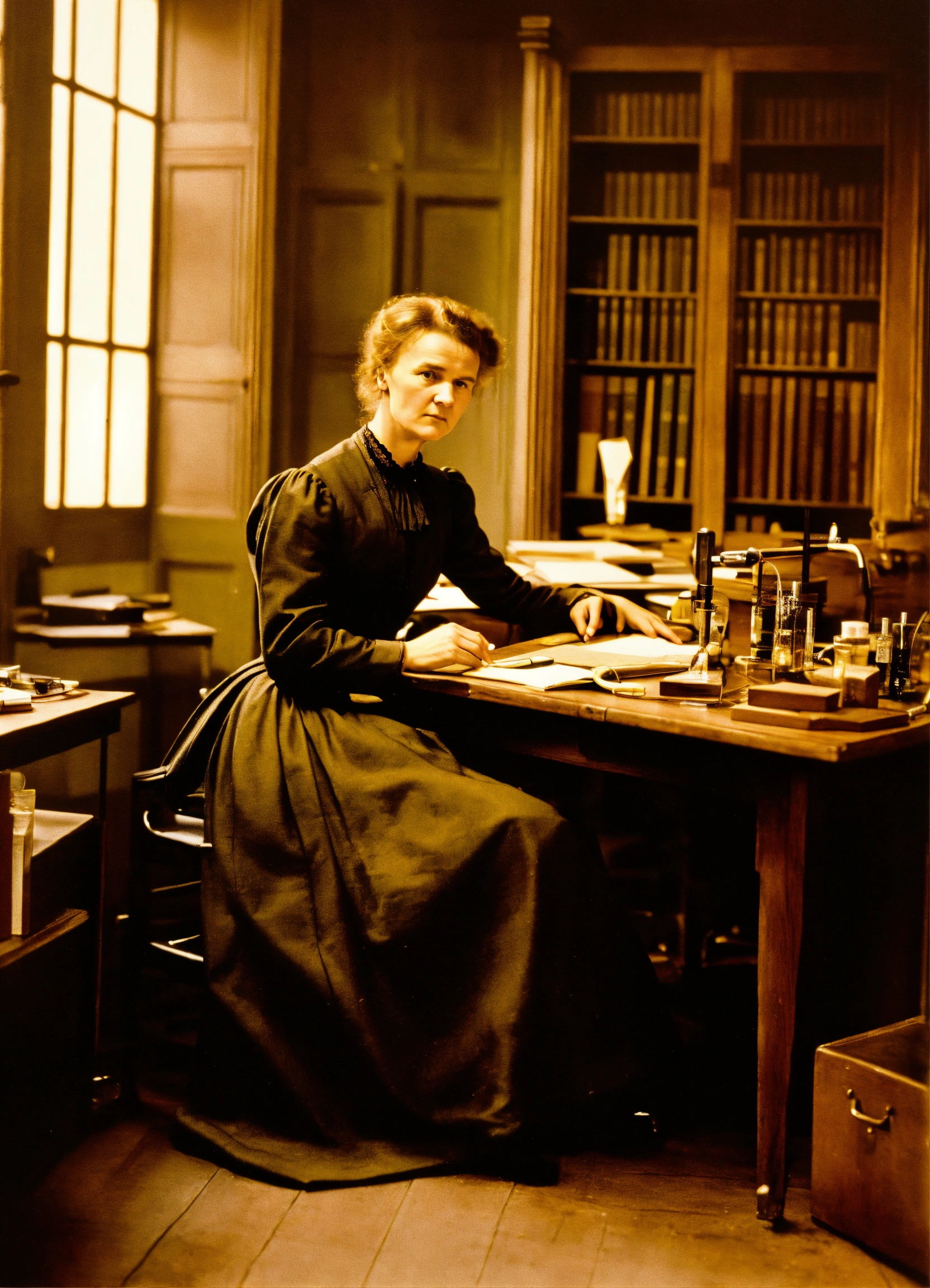 Lexica - Marie curie dans un bureau de physicien