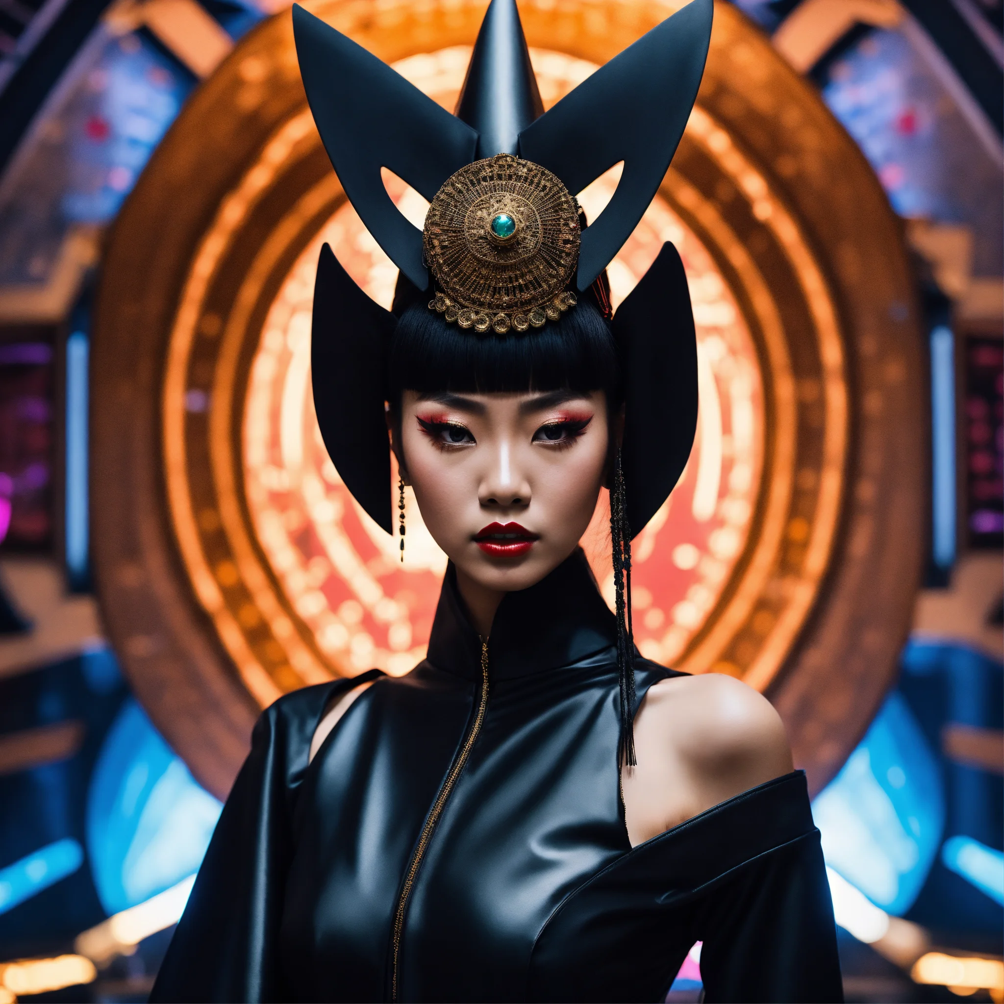 Lexica - A tan skin Japanese geisha in all black sleek futuristic ...