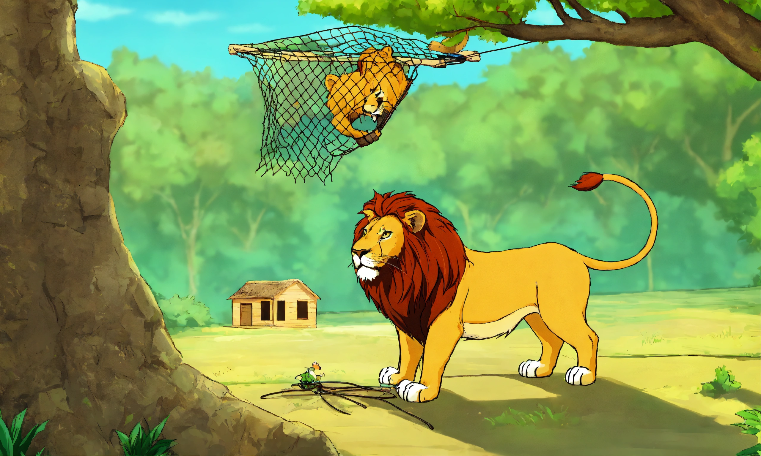 Lexica - Cartoon net hung to tree upside down and lion captured in that ...