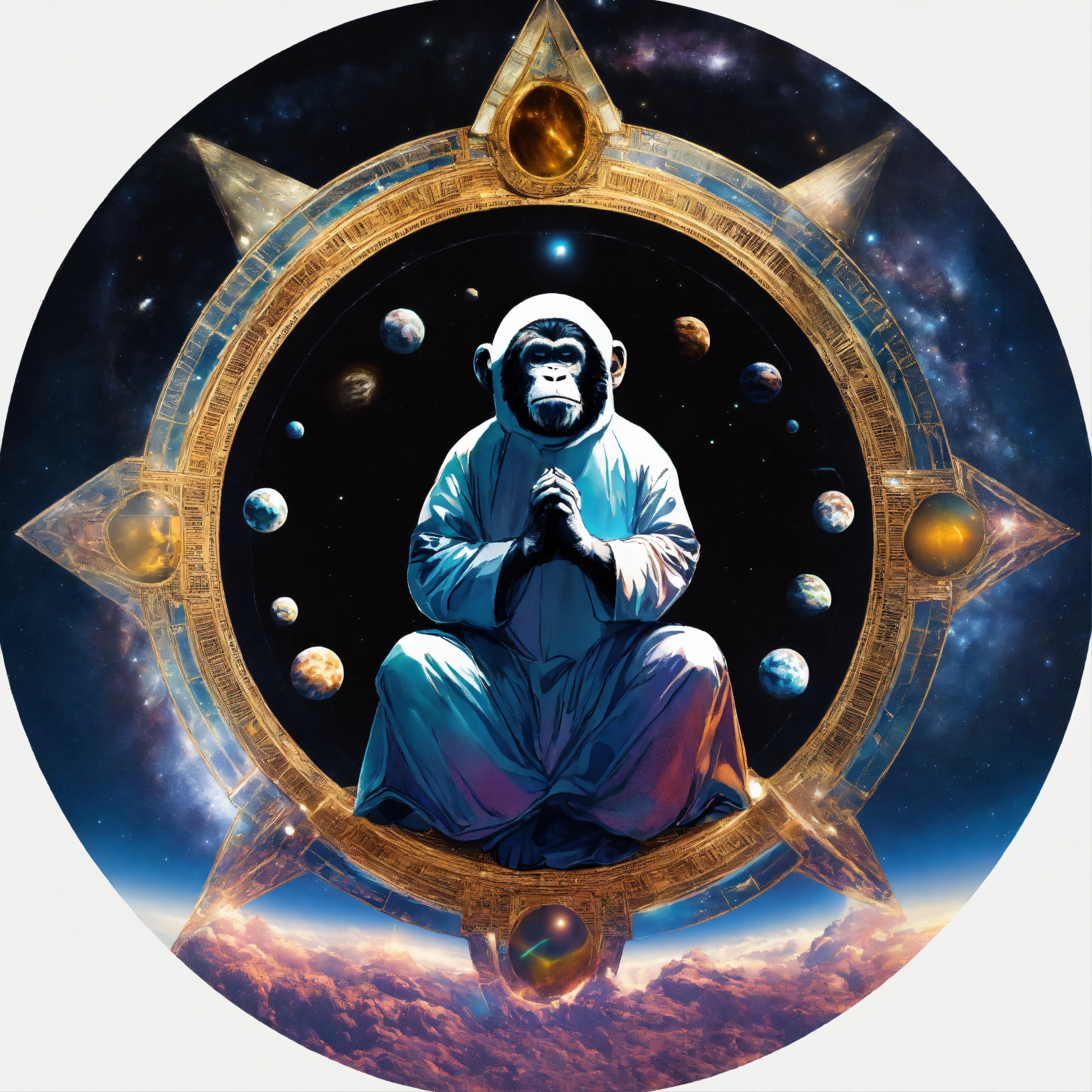 Lexica - Apes praying to a human god in space, in circle image ...
