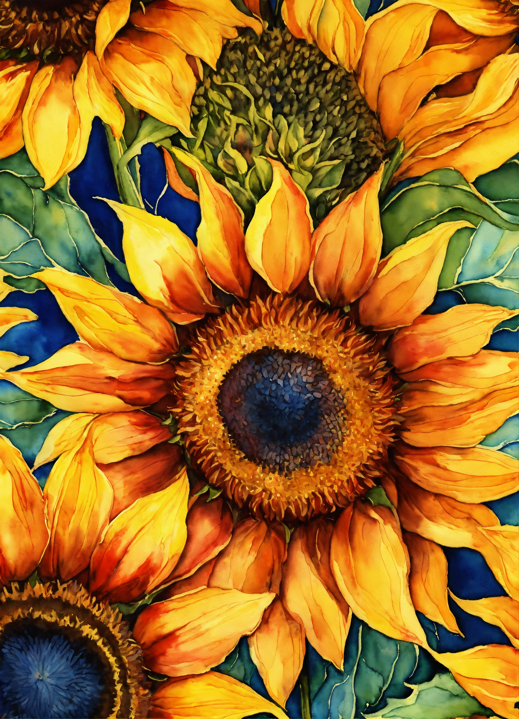 Lexica - Colorful sunflower, insane detailed, watercolor painting, tile ...