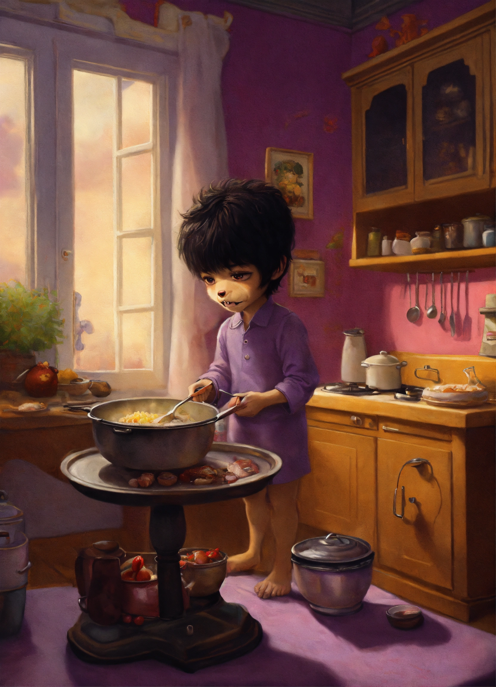 Lexica - Cute werewolf boy in a purple bedroom cooking their meal by ...