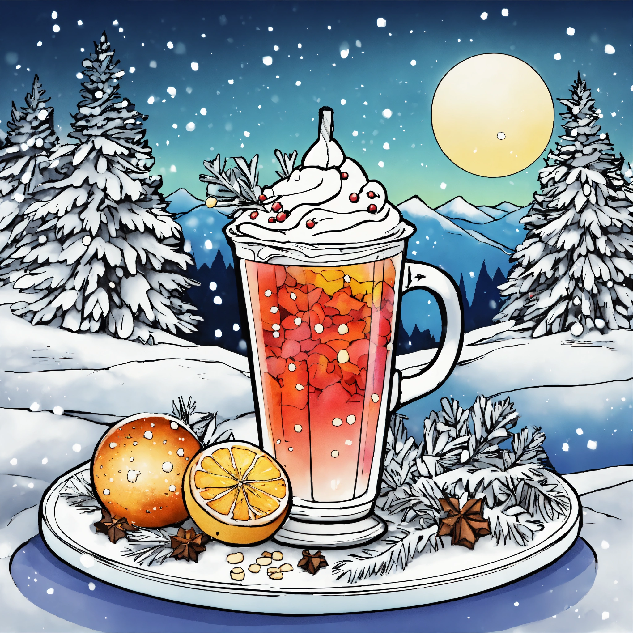 Lexica - A round winter picture with winter drinks, Coloring page