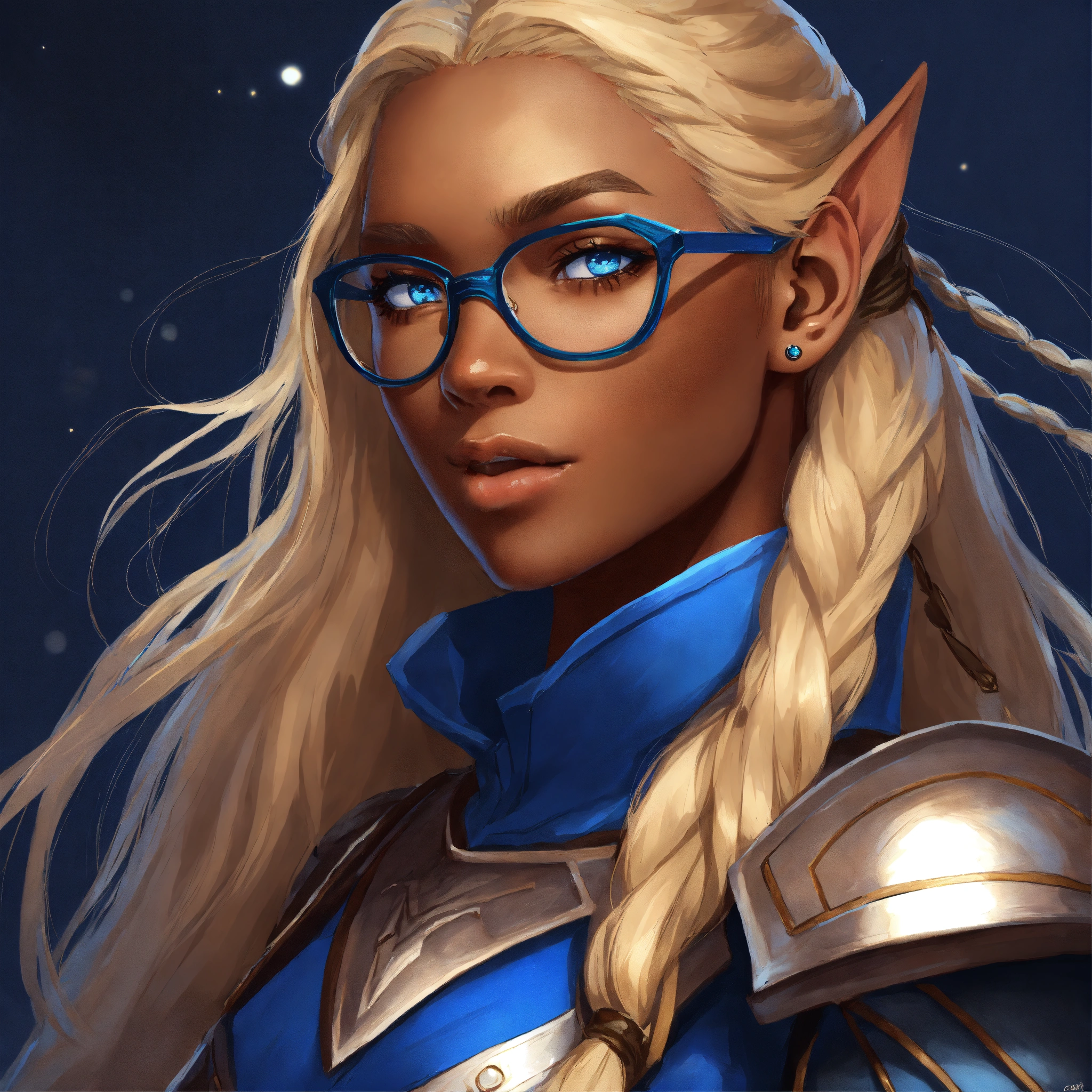 Lexica - A very brown skinned half elf woman, wearing glasses with deep ...