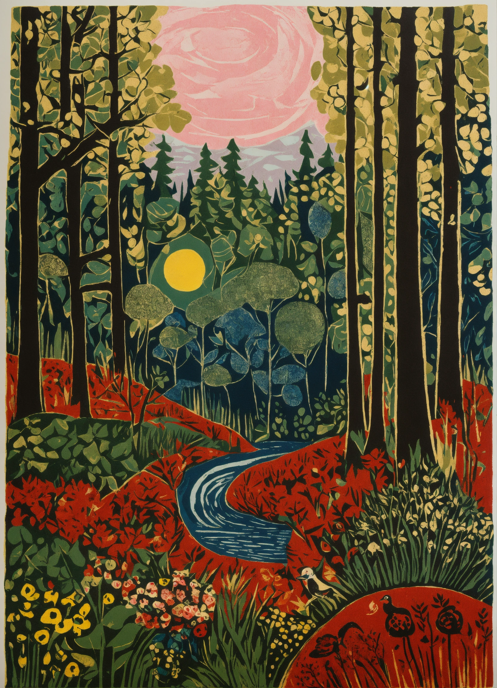 Lexica - Linocut, forest, folk art style inspired by marc chagall