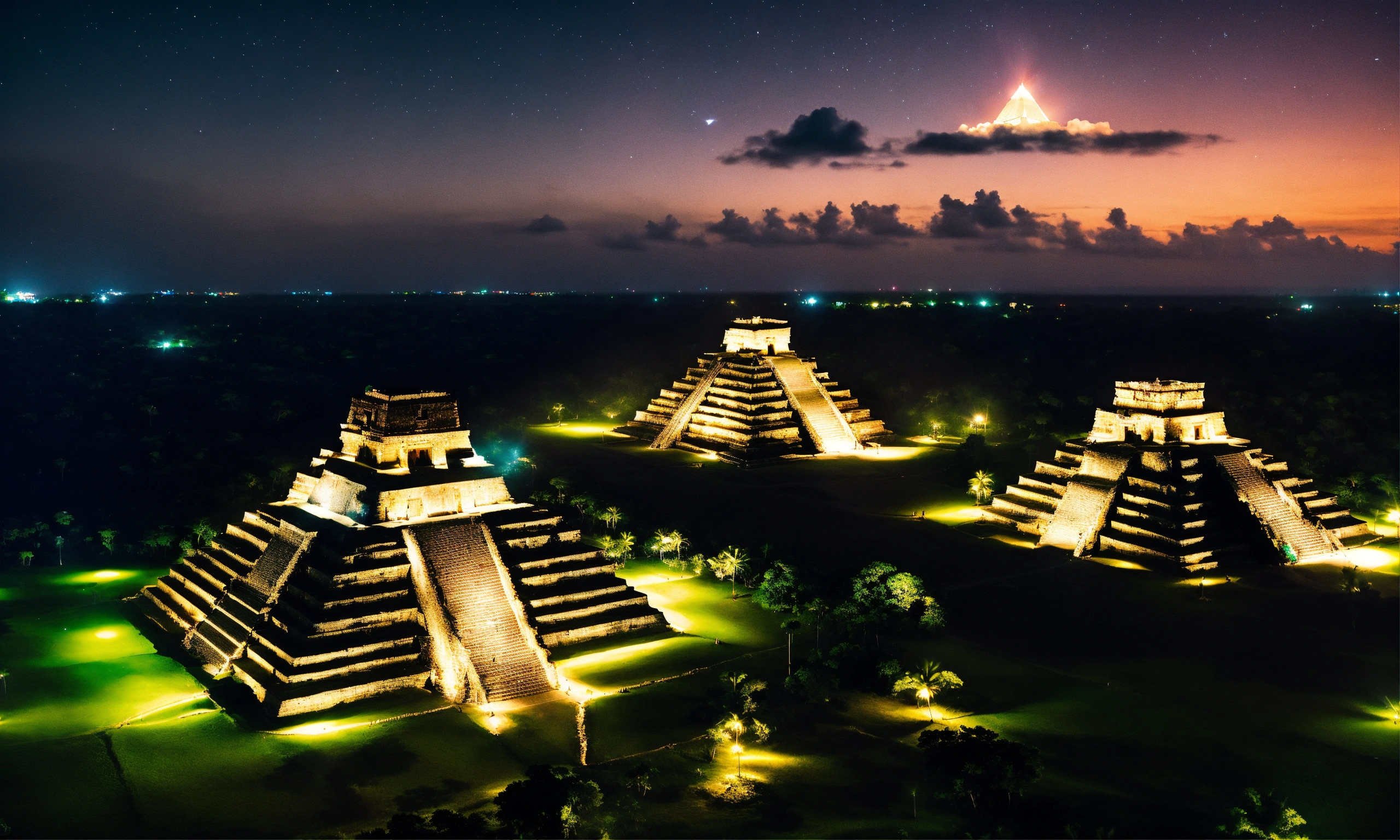 Lexica - Aerial view of three Mayan pyramids emitting a beam of green ...