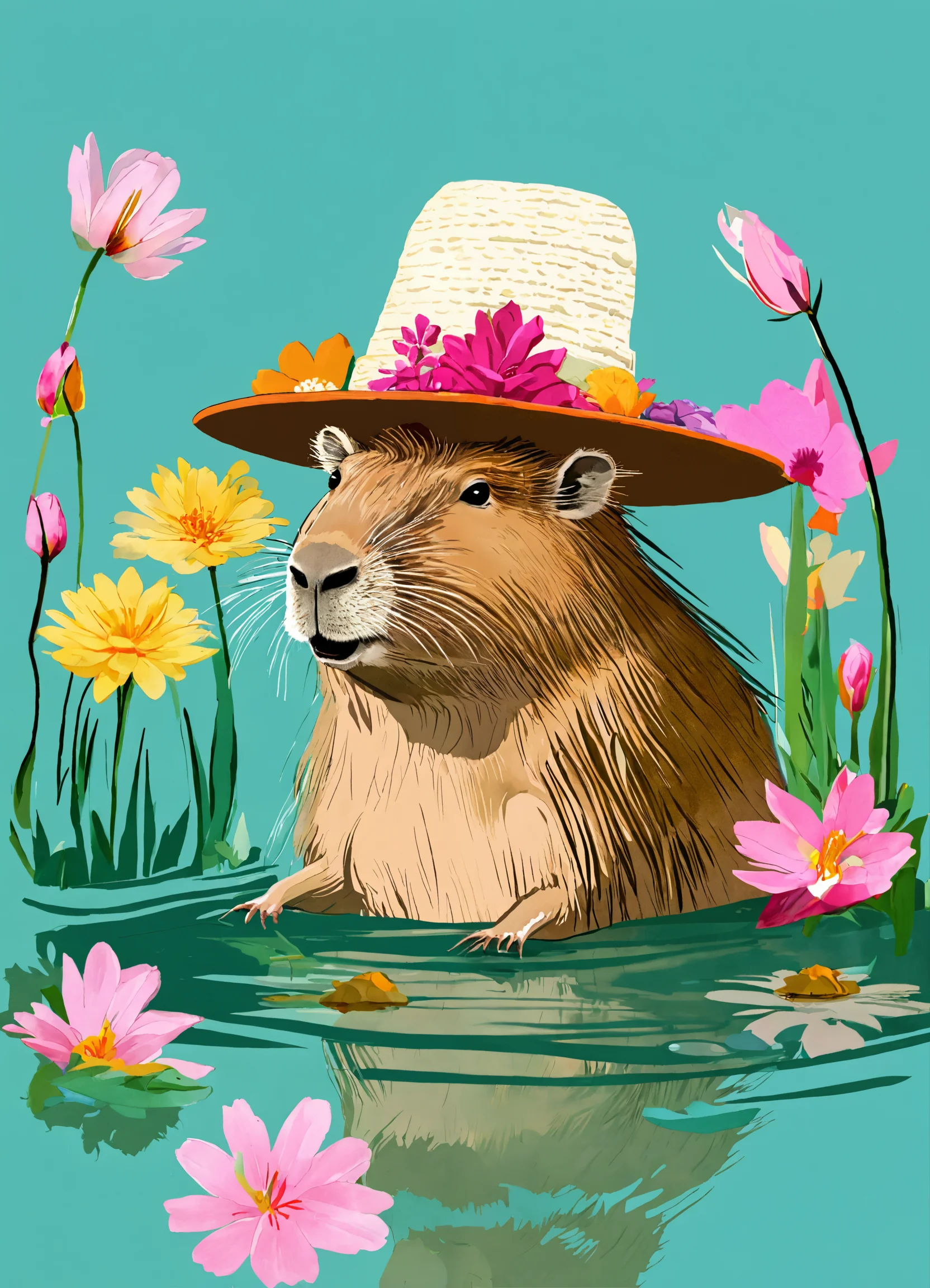 Lexica - A greeting card for March 8th. A capybara in a hat. Pond. Flowers