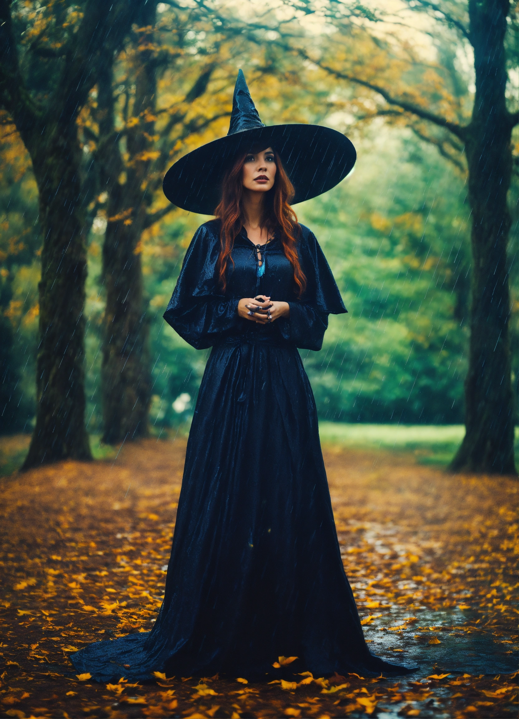Lexica - Enigmatic witch in rain standing in a spellbound park