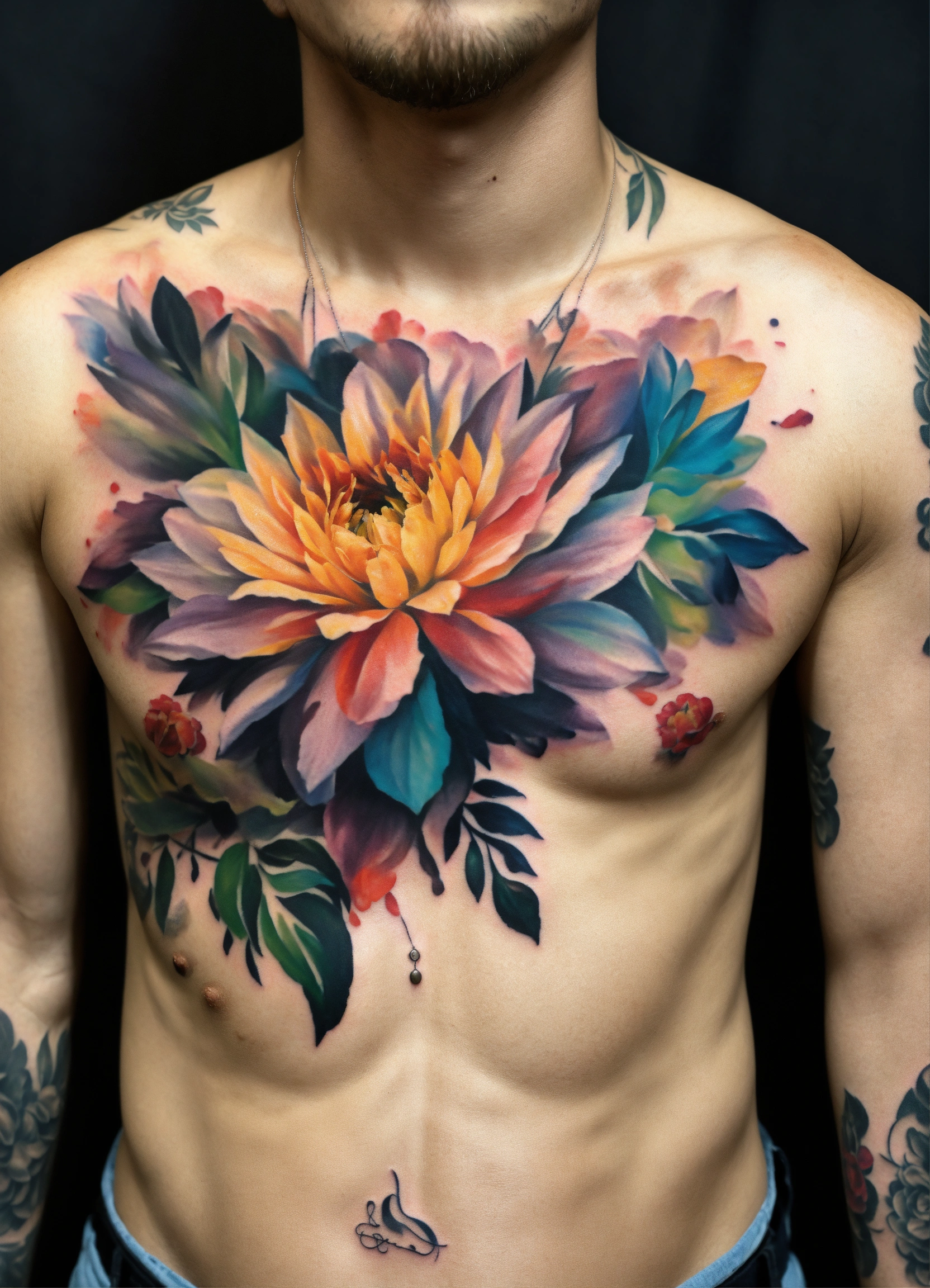 Lexica - Black grey impressionist flower Colors chest tattoo