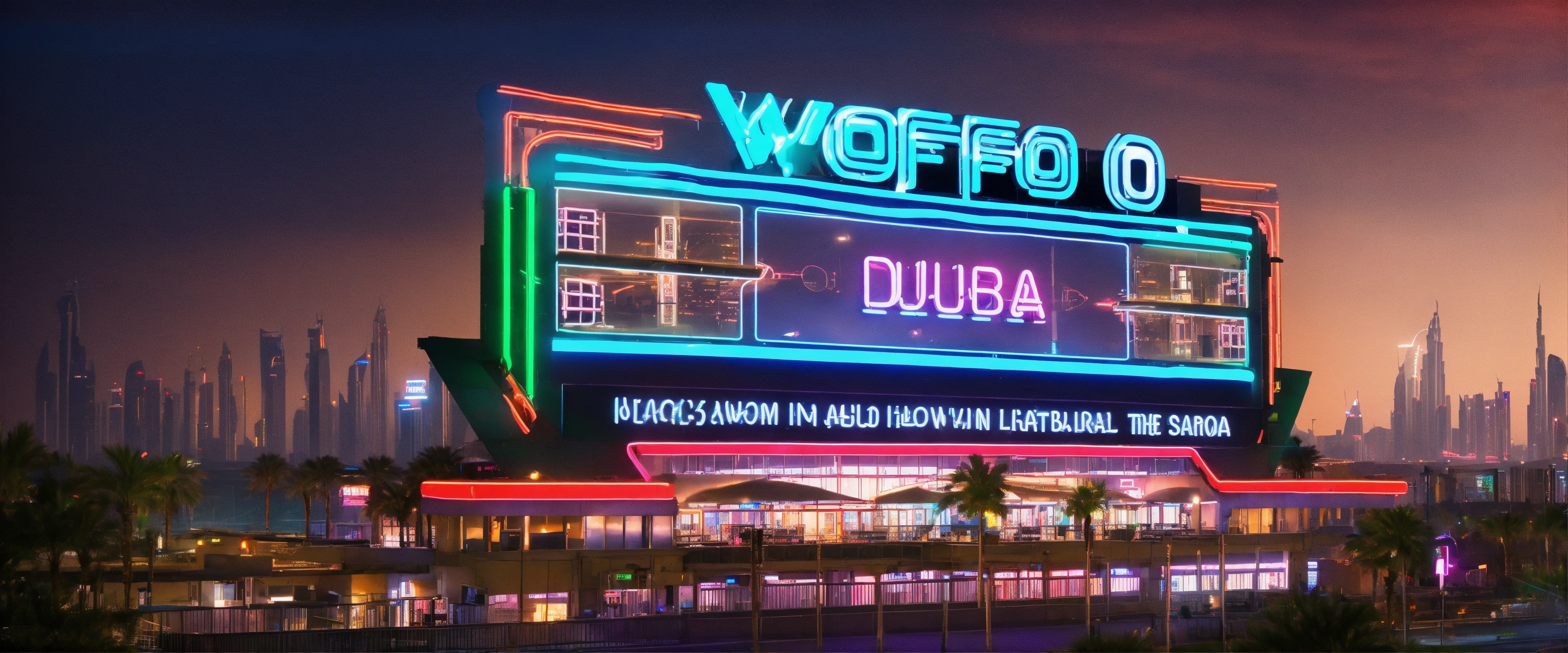 Lexica - Stadium name WOFO neon lights dubai city view big sign with ...