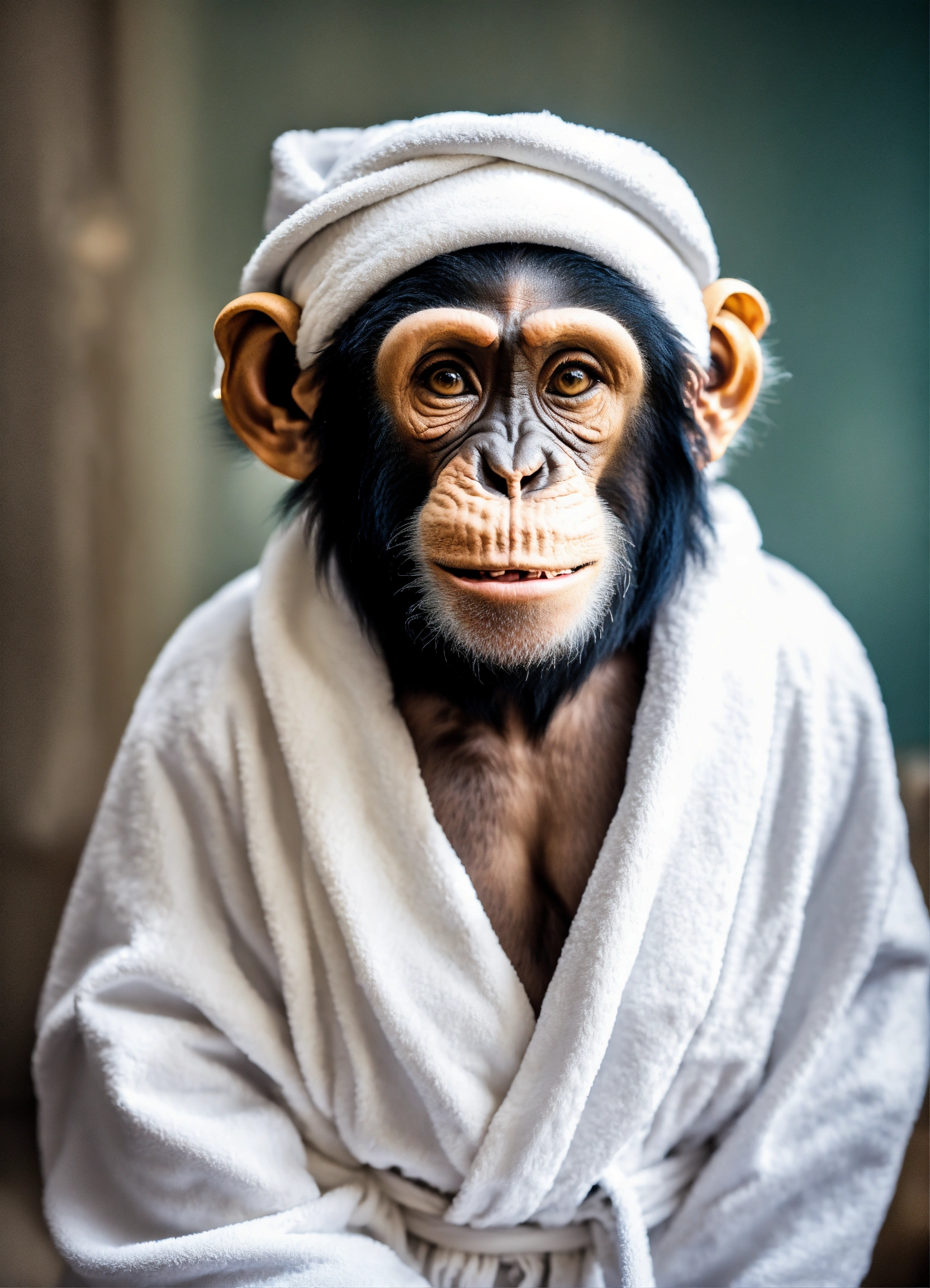Lexica - Happy chimp qui tire la langue wearing white bath turban ...