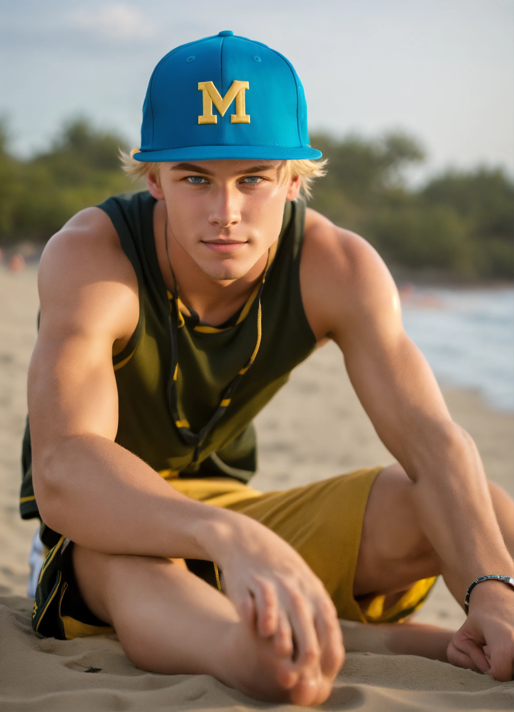 Lexica - Young blonde, blue eyes, attractive high school jock, full-length, lying on the beach ...