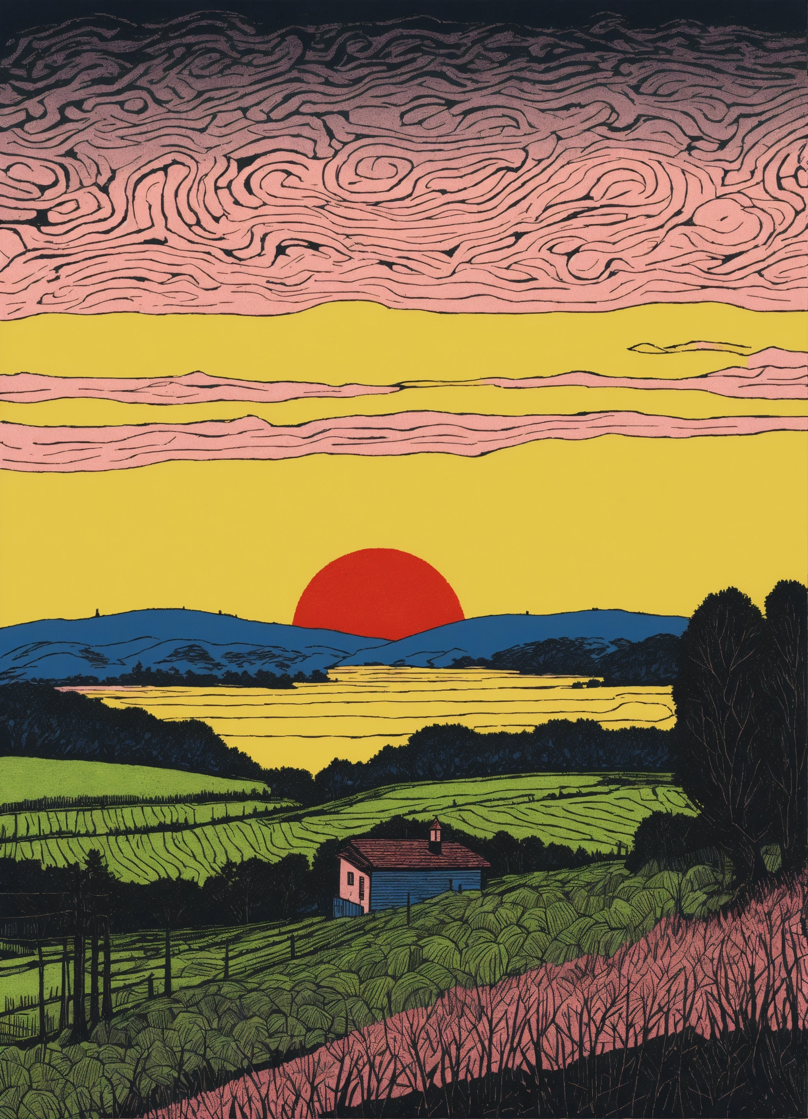 Lexica - Linocut, landscape, drawing in the style of junji ito