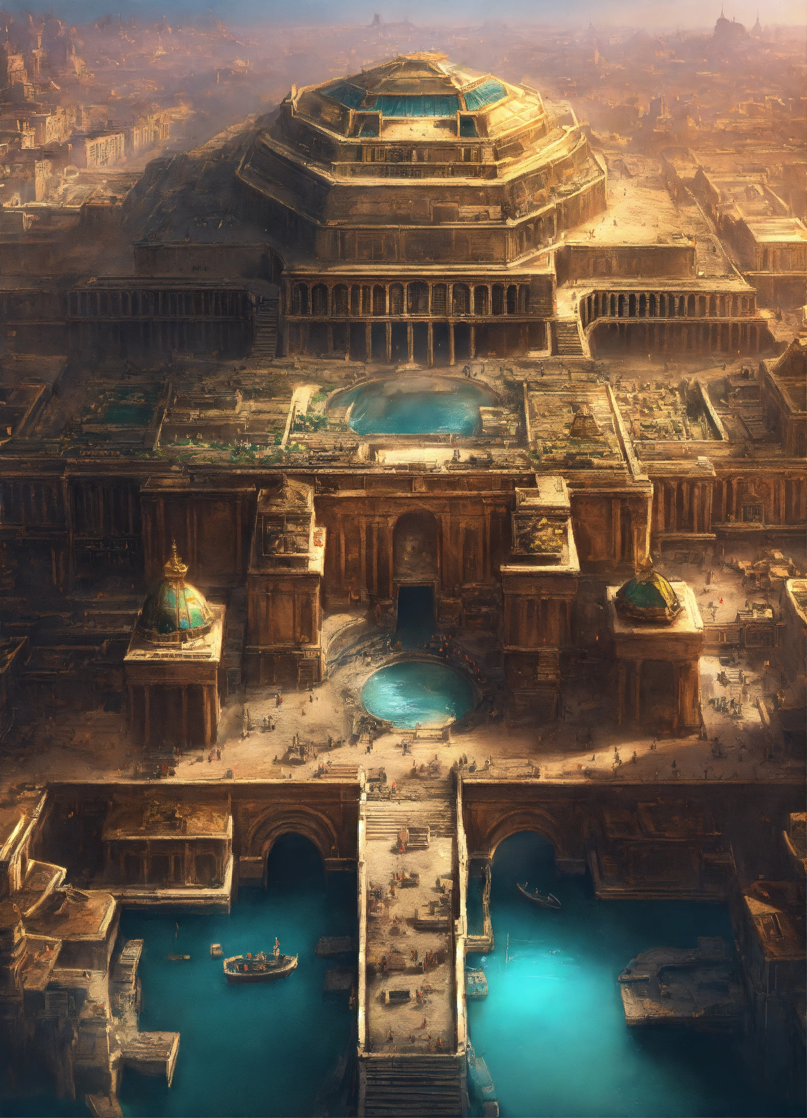 Lexica - Overhead view of a cyberpunk greco-roman city whith a canal ...