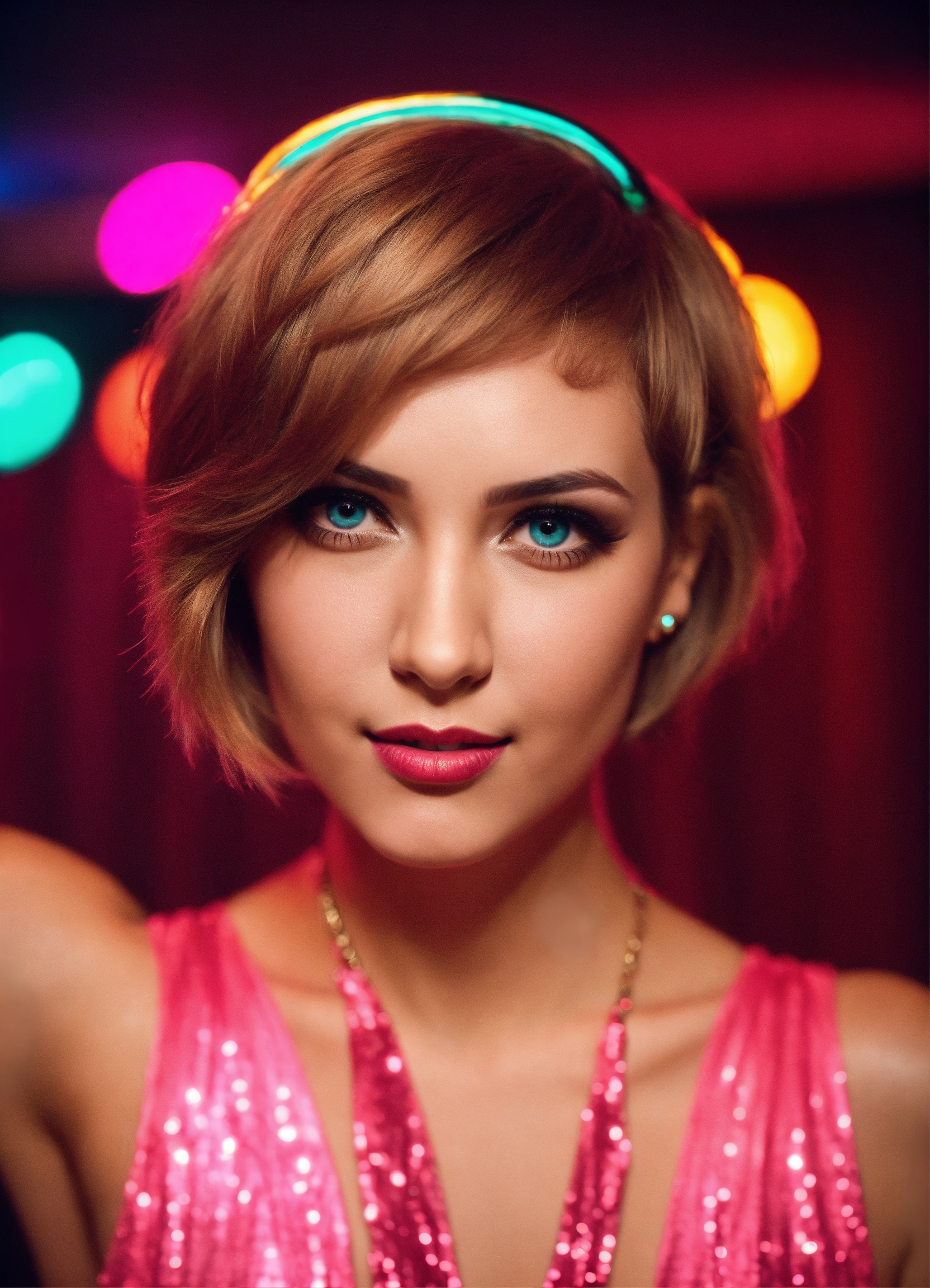 Lexica - Cute woman, style disco dancer,eyes visible, dancing, short ...