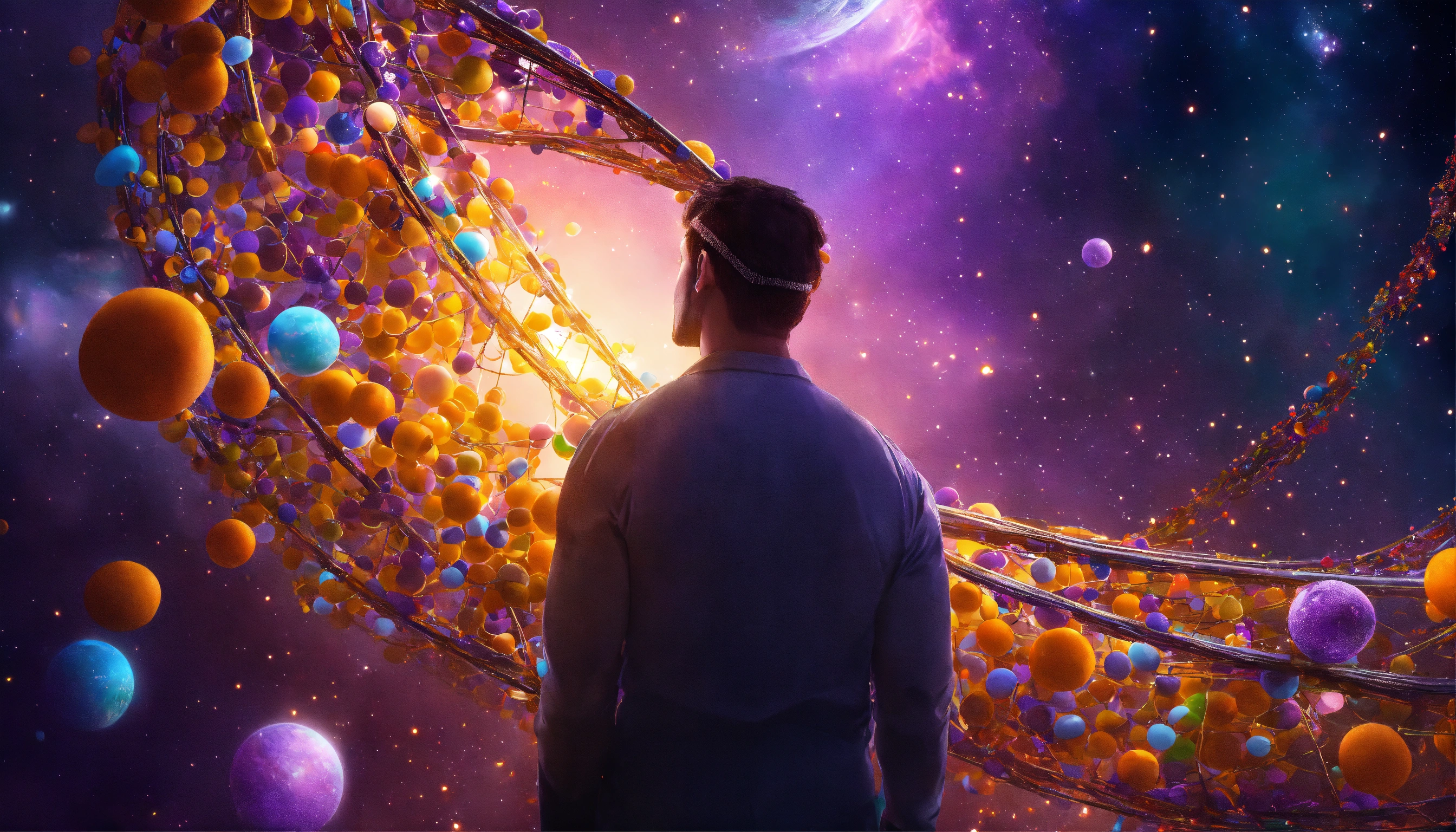 Lexica - Well built man looking up, dna strands floating in the ...