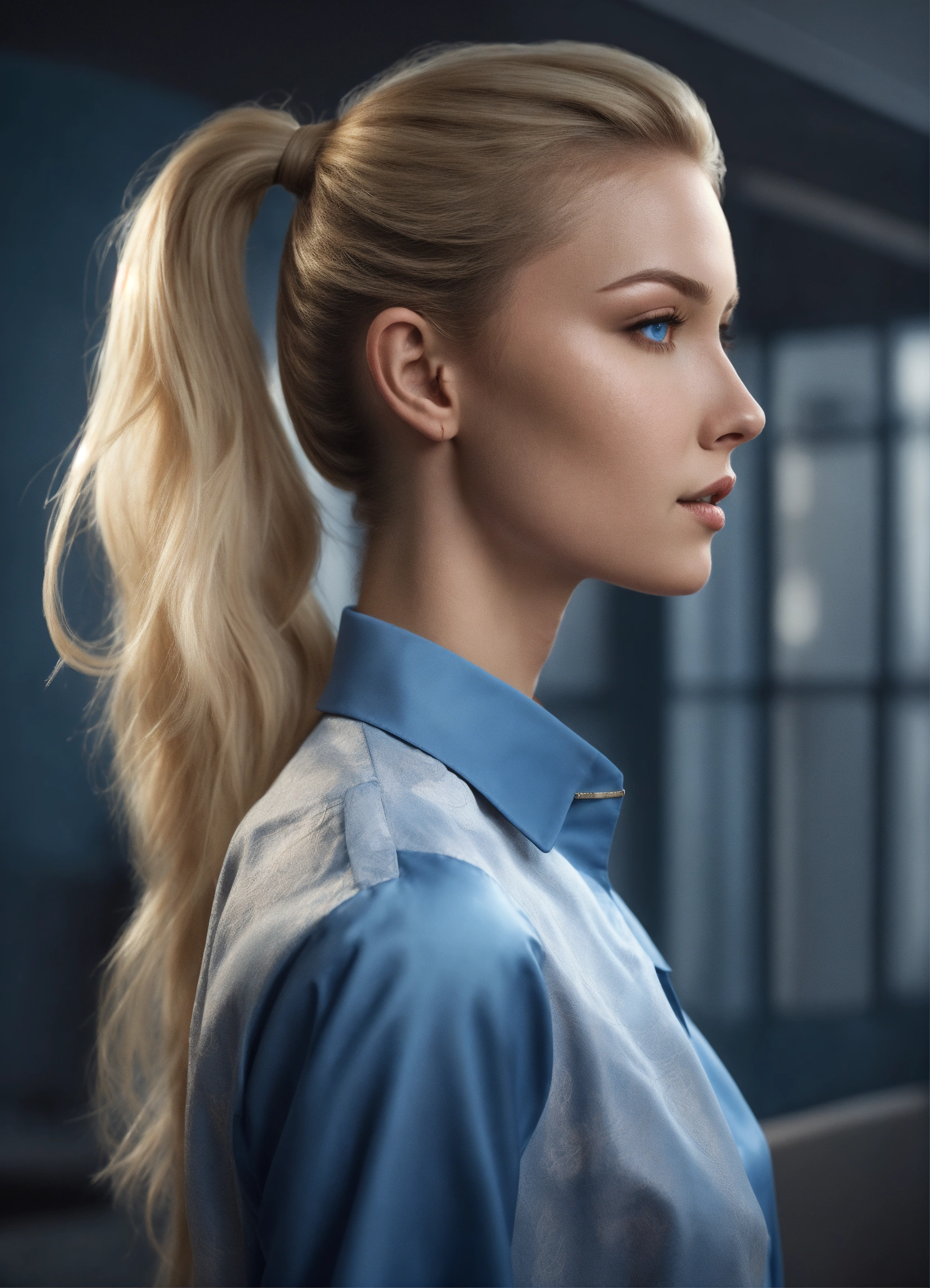 Lexica - A beautiful woman with blue eyes, blond hair in a ponytail ...