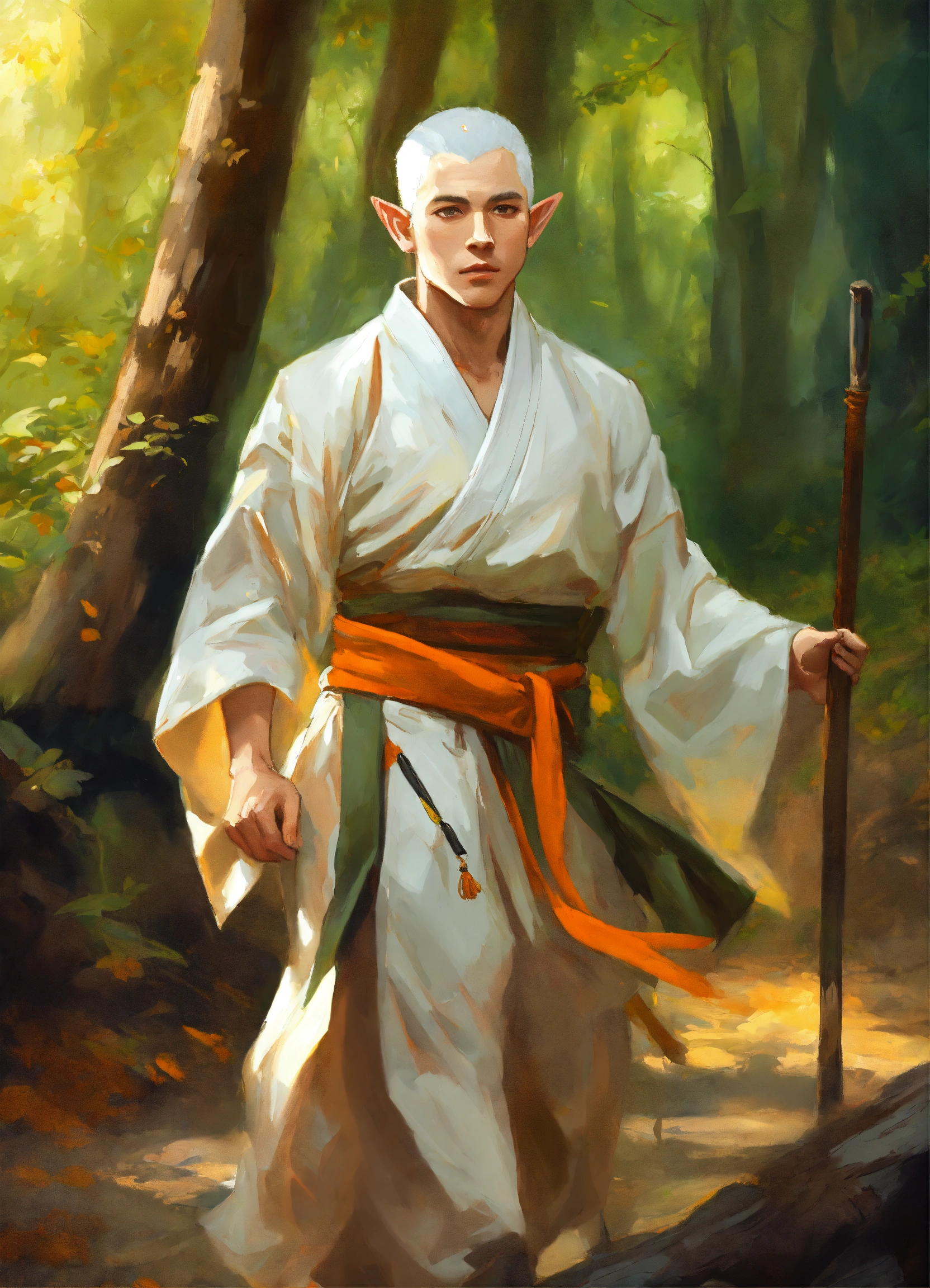 Lexica - White haired elf monk in martial artist robes with Stalf in a ...