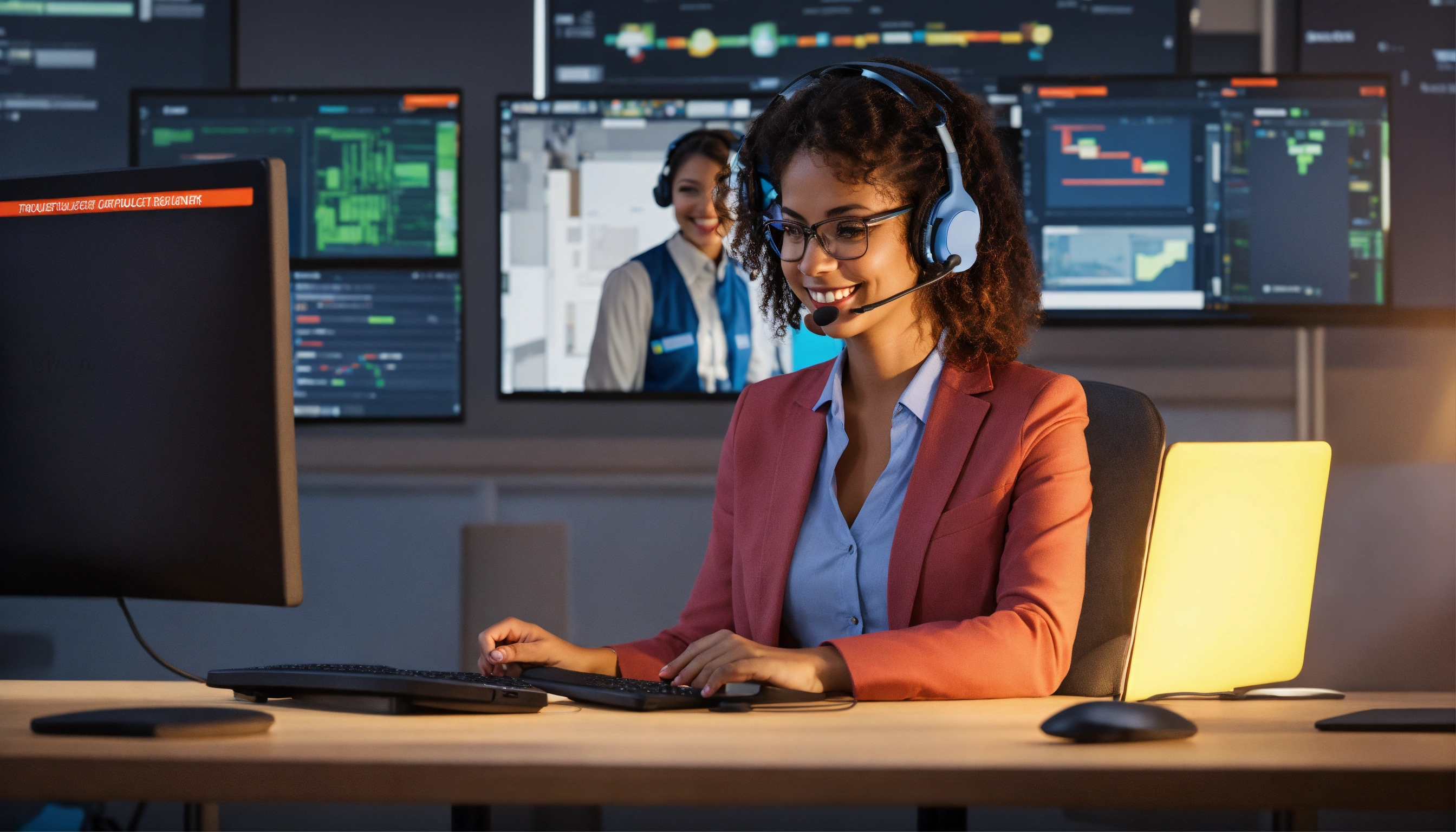 Lexica - Stock photo, detailed A technical support woman, wearing a ...
