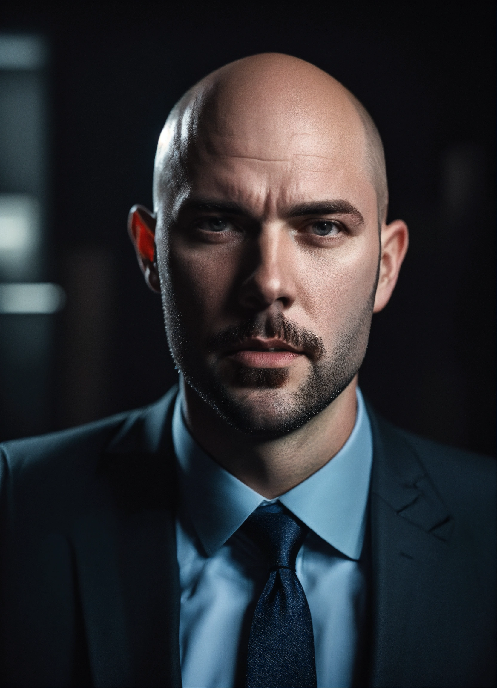 Lexica - Image of bald andrew tate, with stubble ,in a suit, facing at ...