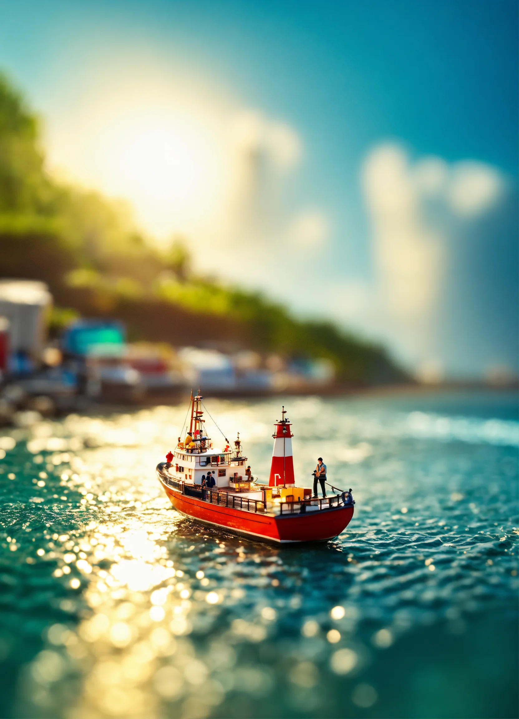 Lexica - Miniature sea and boat, tilt-shift photo of "people at work ...