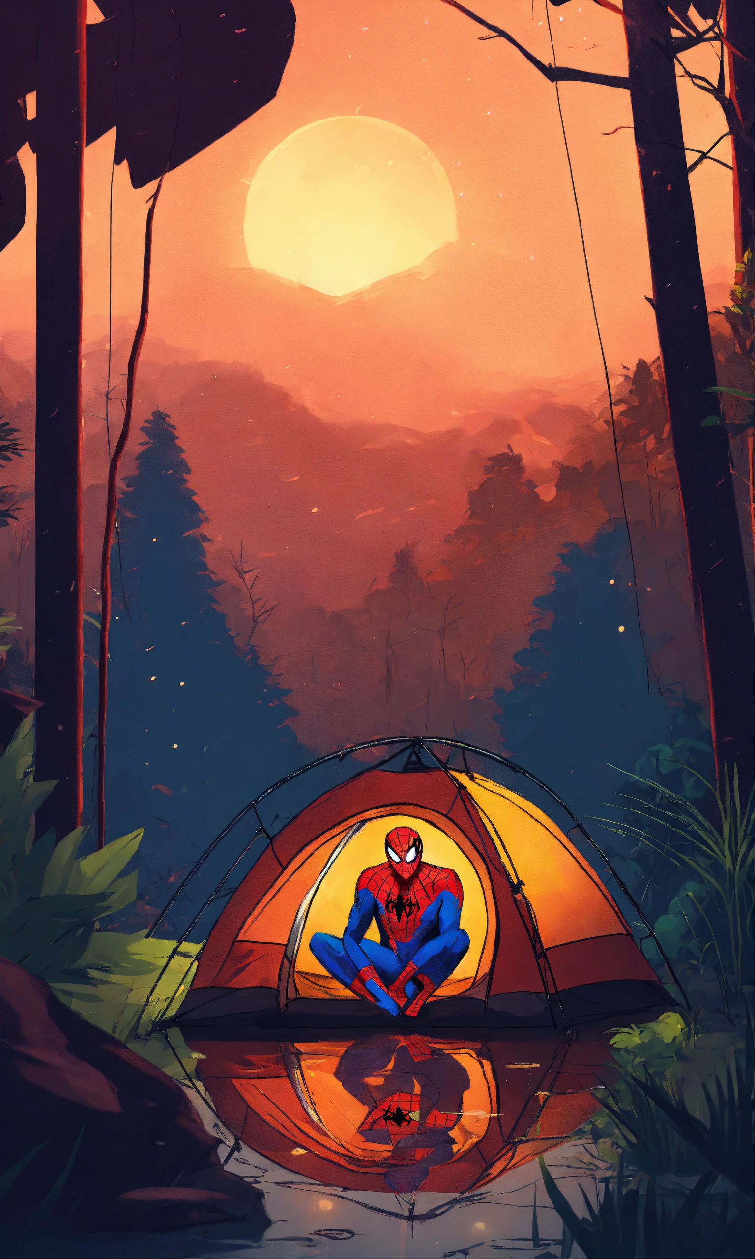 Lexica - Spiderman camping on a rainy day in the jungle at night ...