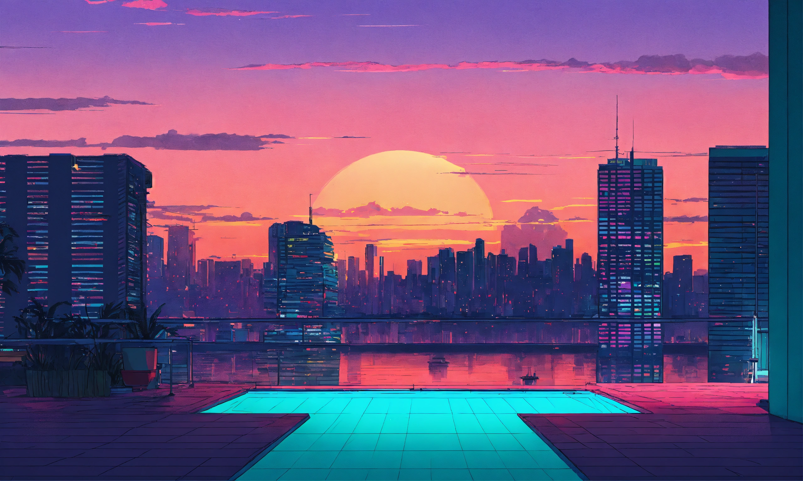 Lexica - Anime miami vice, lofi, sunset skyline, 2d, studio ghibli ...