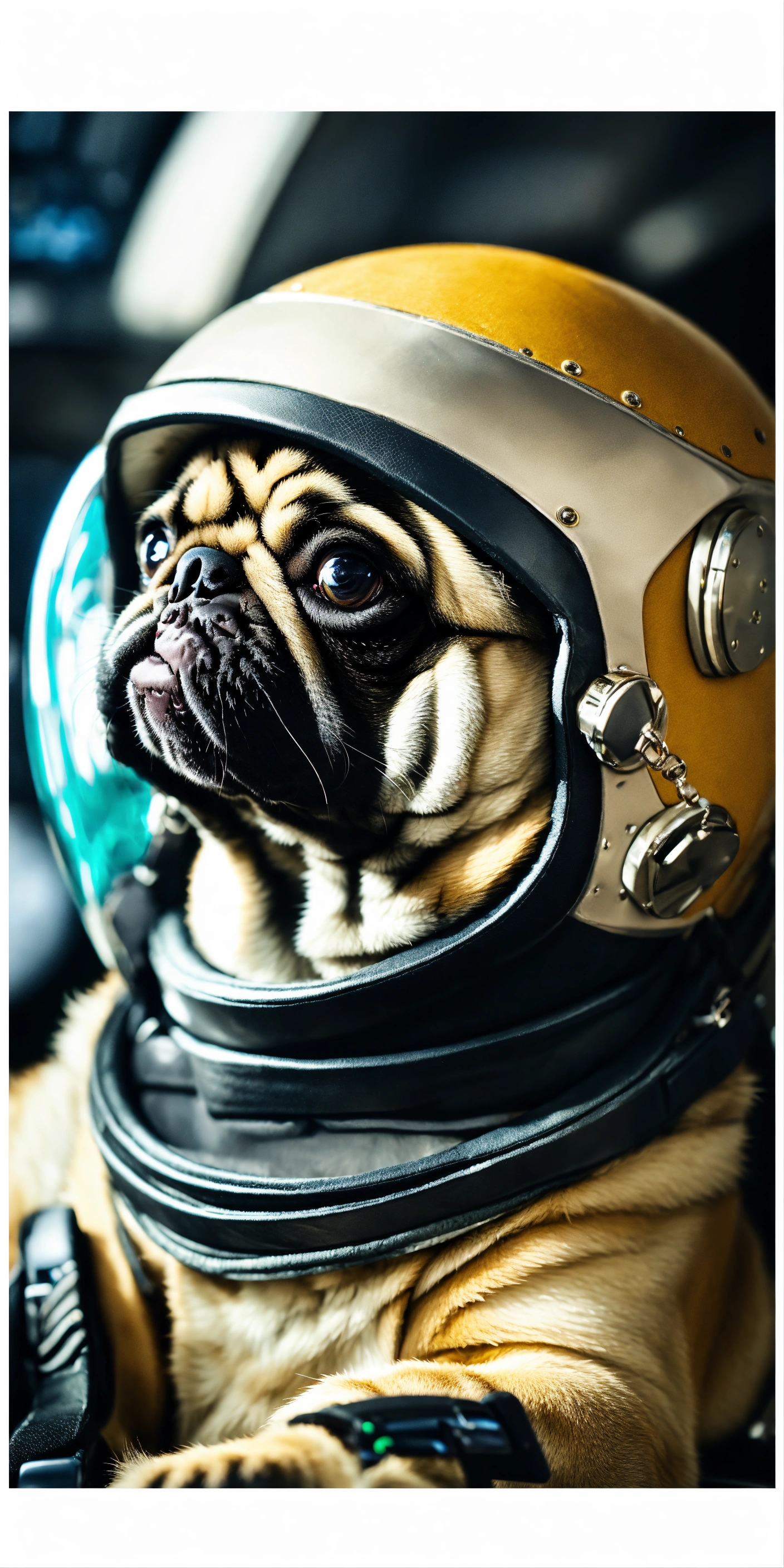 Lexica - Pug dog wearing a spacen helmet sitting in the cockpit of a ...