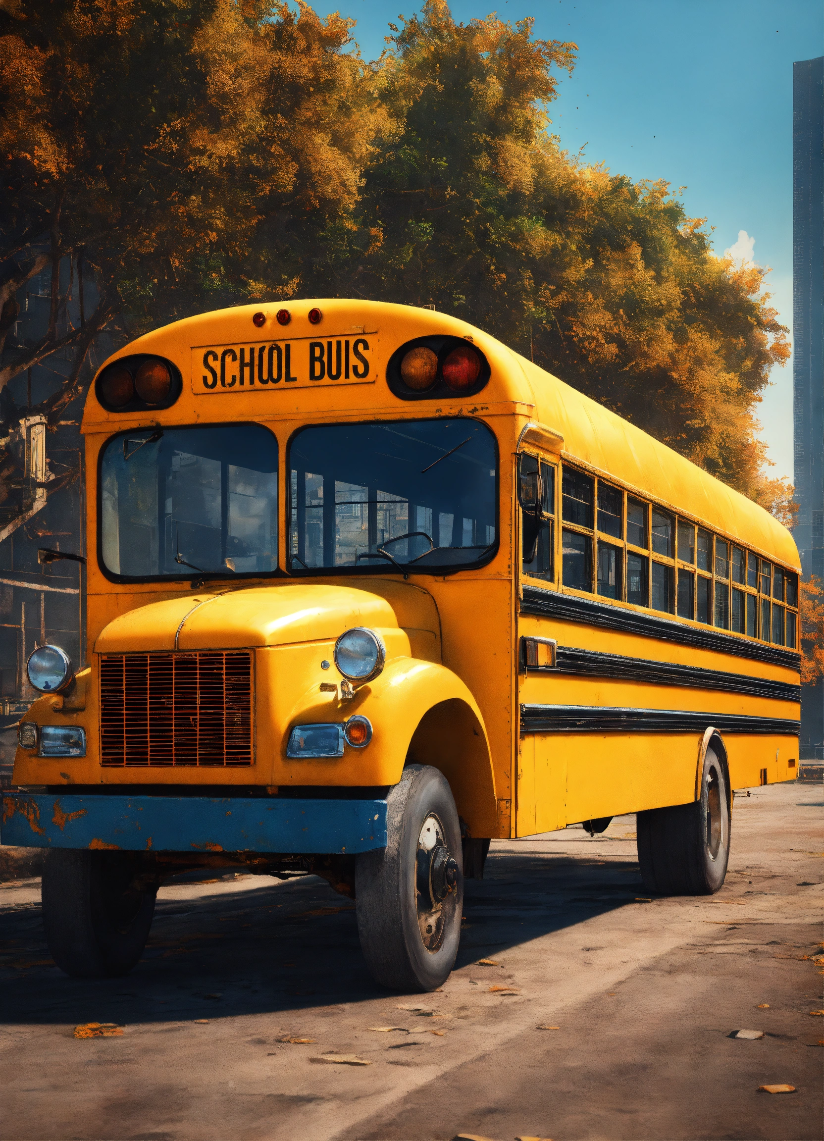 Lexica - Side view of an old beat up yellow school bus. realistic, vivid colors octane render ...