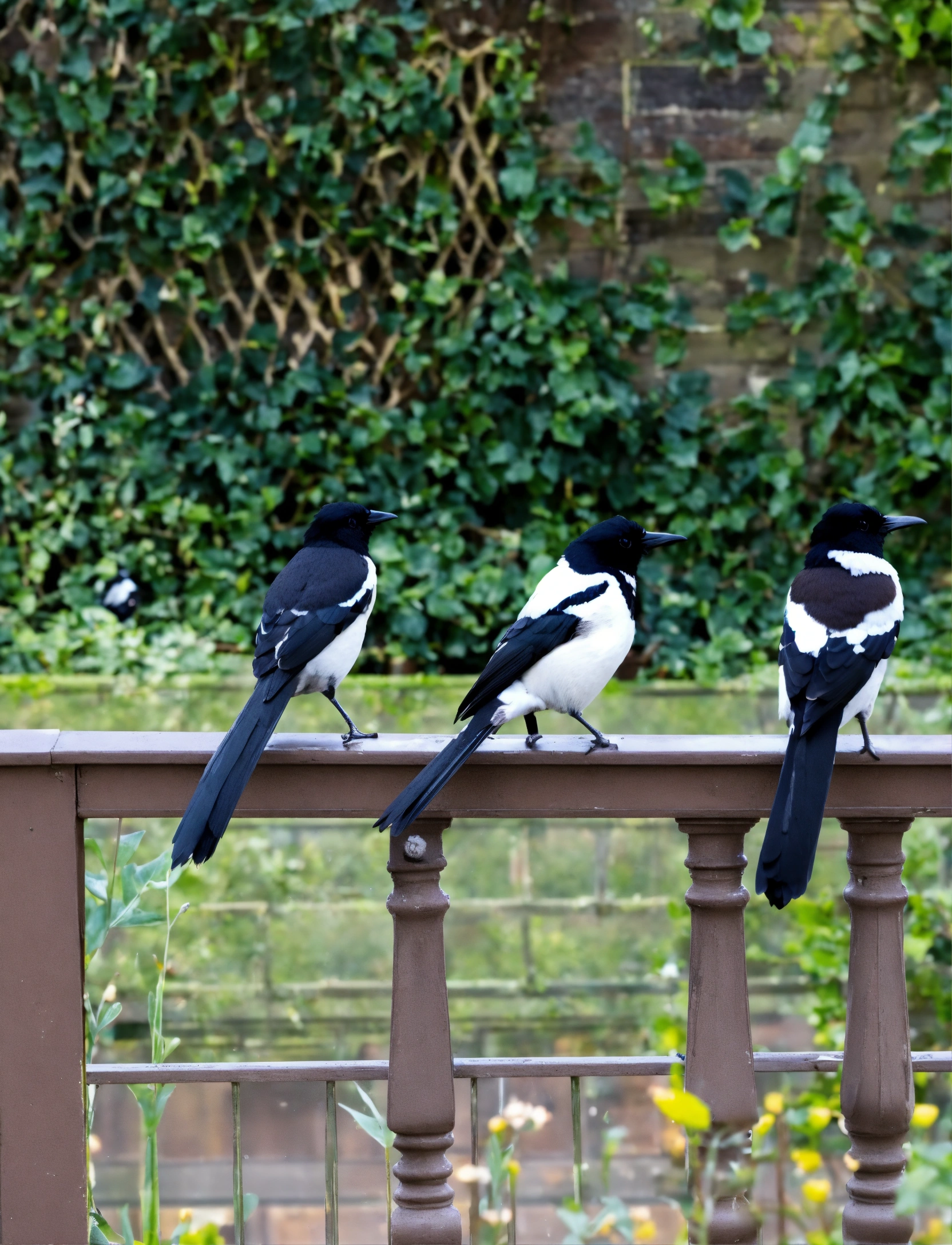 Lexica - 3 magpies sitting on a balcony rail, 2 facing in the opposite ...