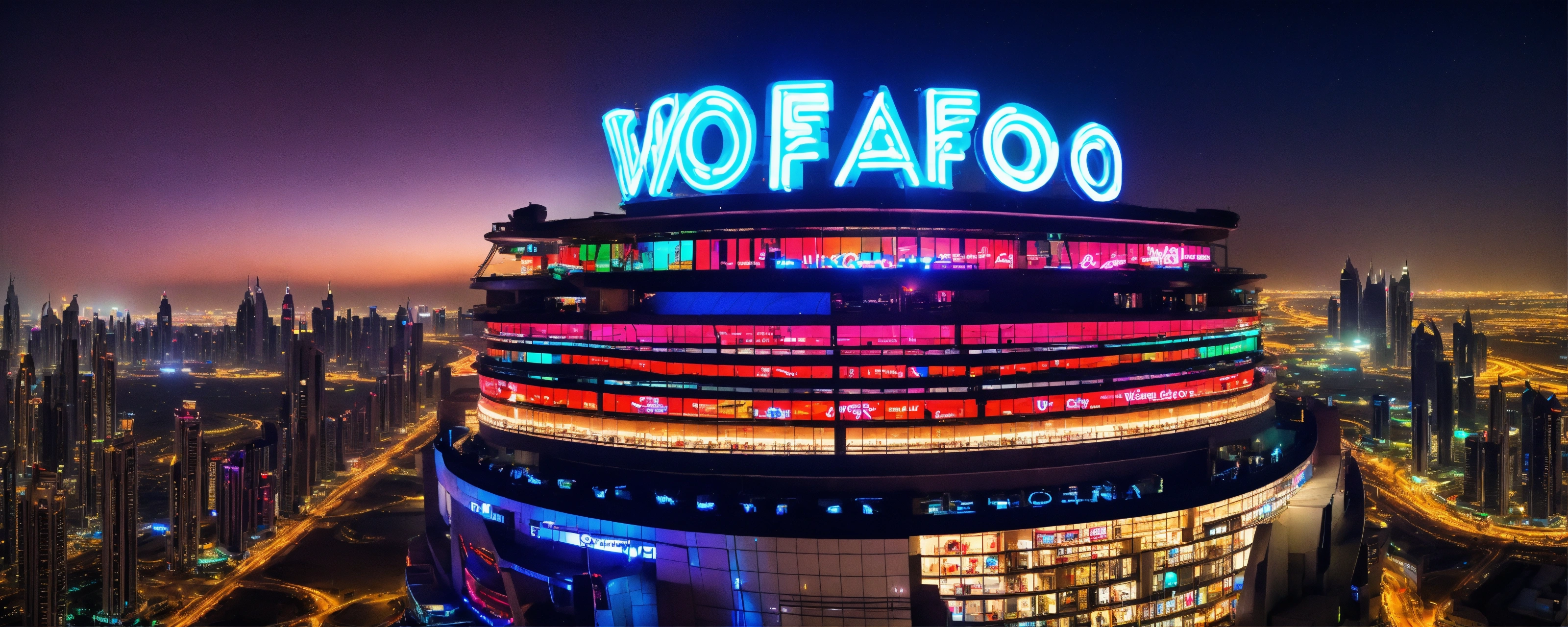 Lexica - Ball shaped stadium name WOFO with ball logo WOFO neon lights ...