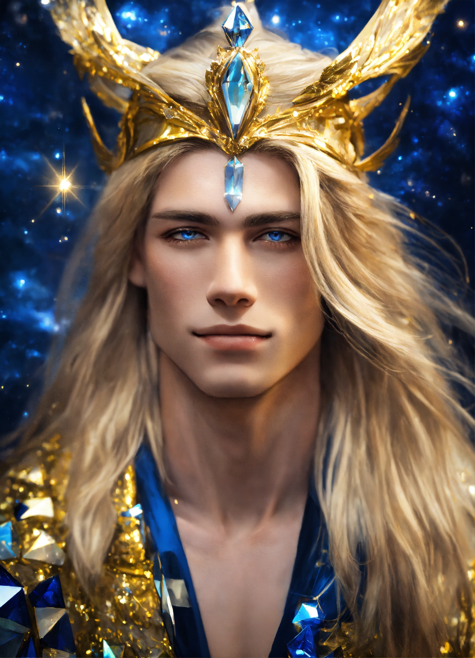 Lexica - Beautiful faces cosmic men long blond hair, smiling, blue and ...