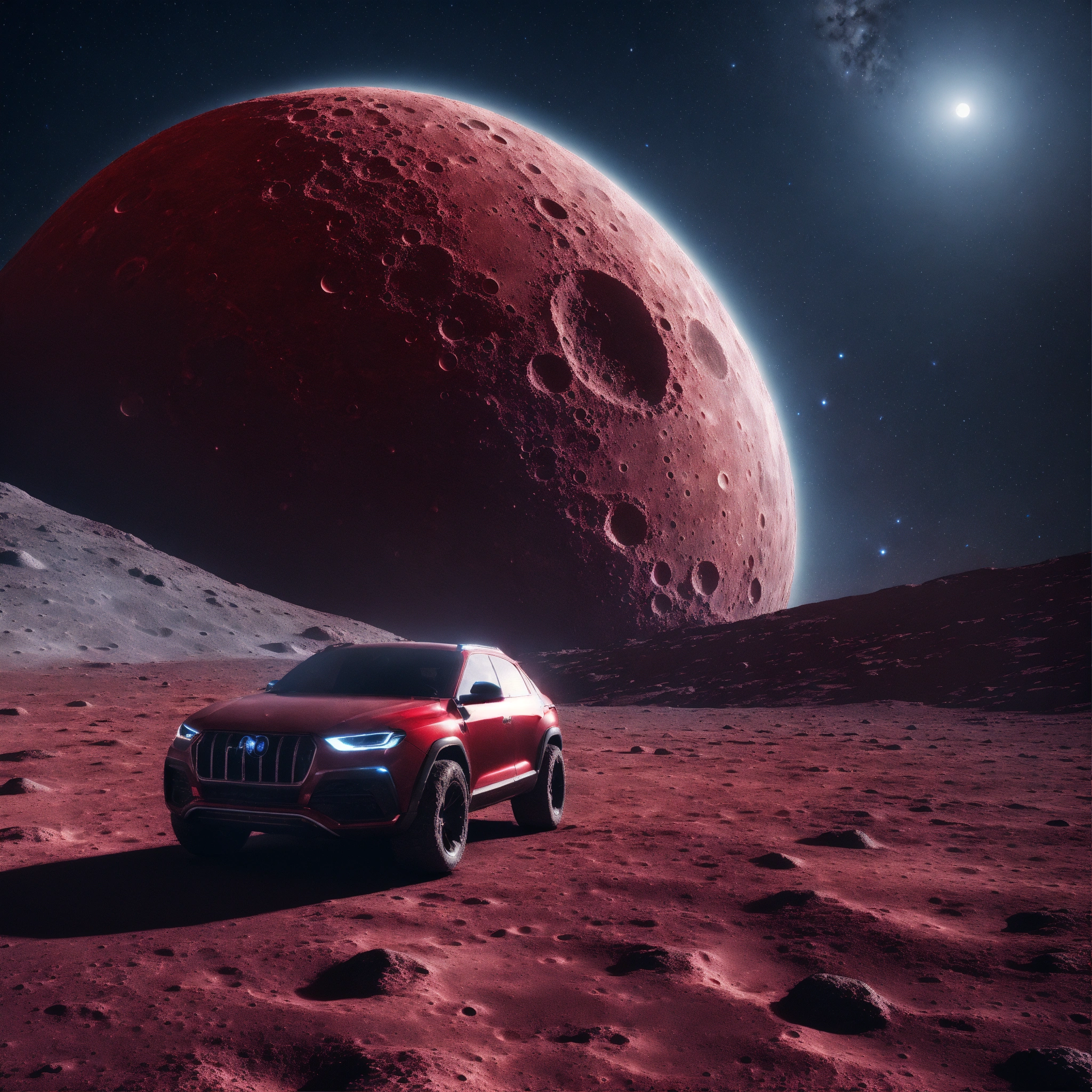 Lexica - A dark red auto traveling on the surface of the moon, moon ...