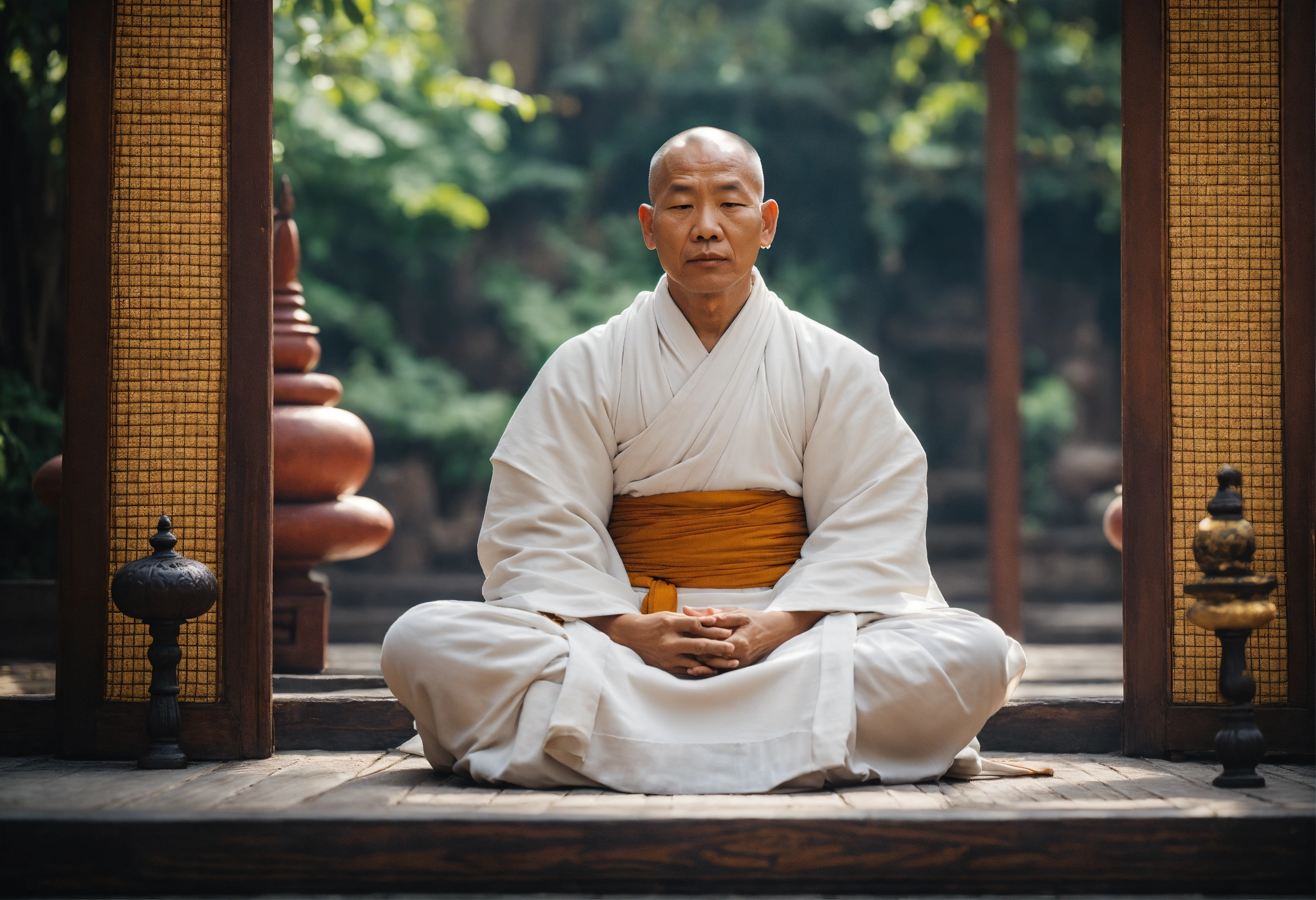 Lexica - Wise monk wearing white clothes sitting in meditation