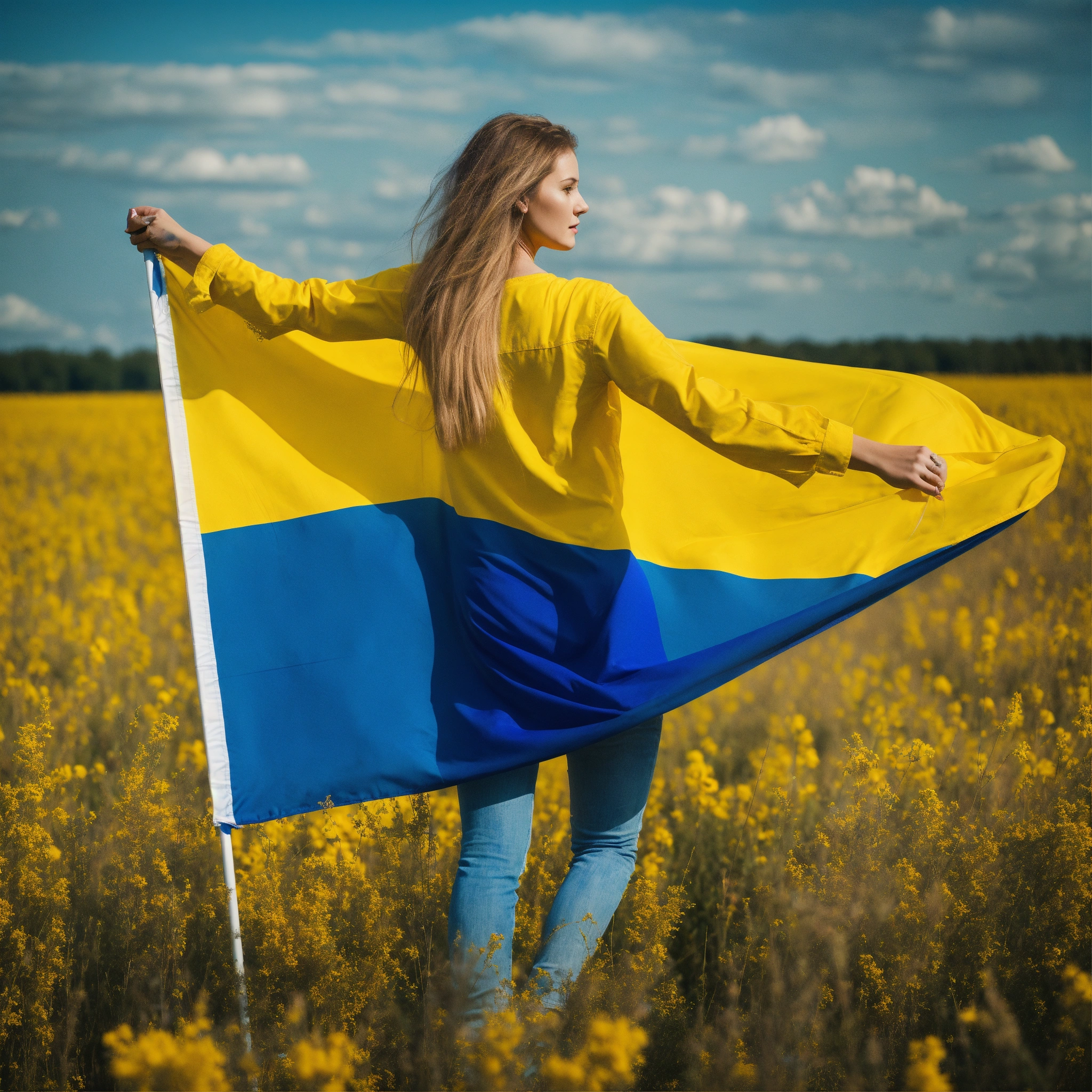 Lexica - 30 years old woman in a field, with Ukraine flag, СOLOR Blue ...