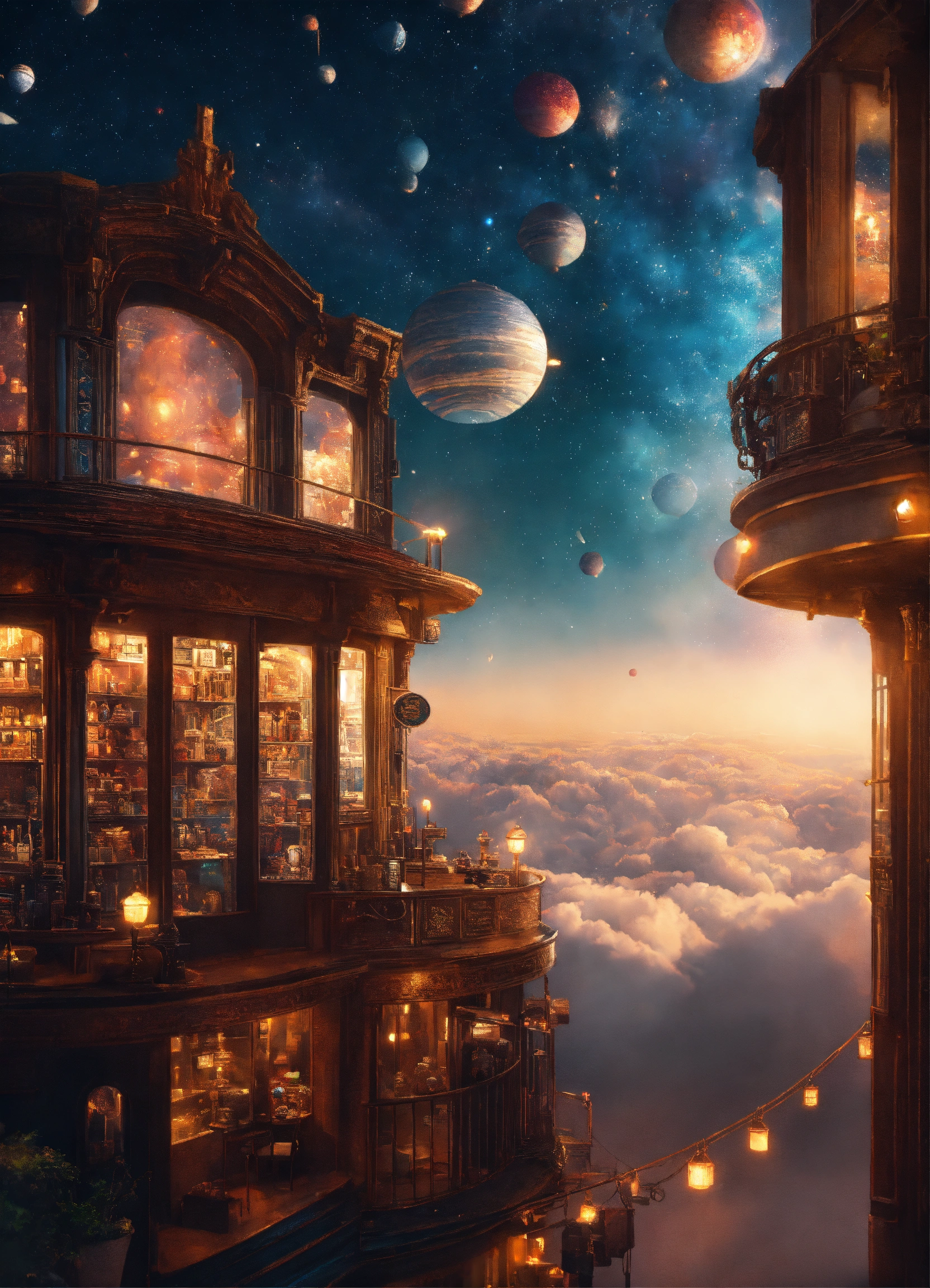 Lexica - A vintage curio shop, above the clouds, in the sky, background ...