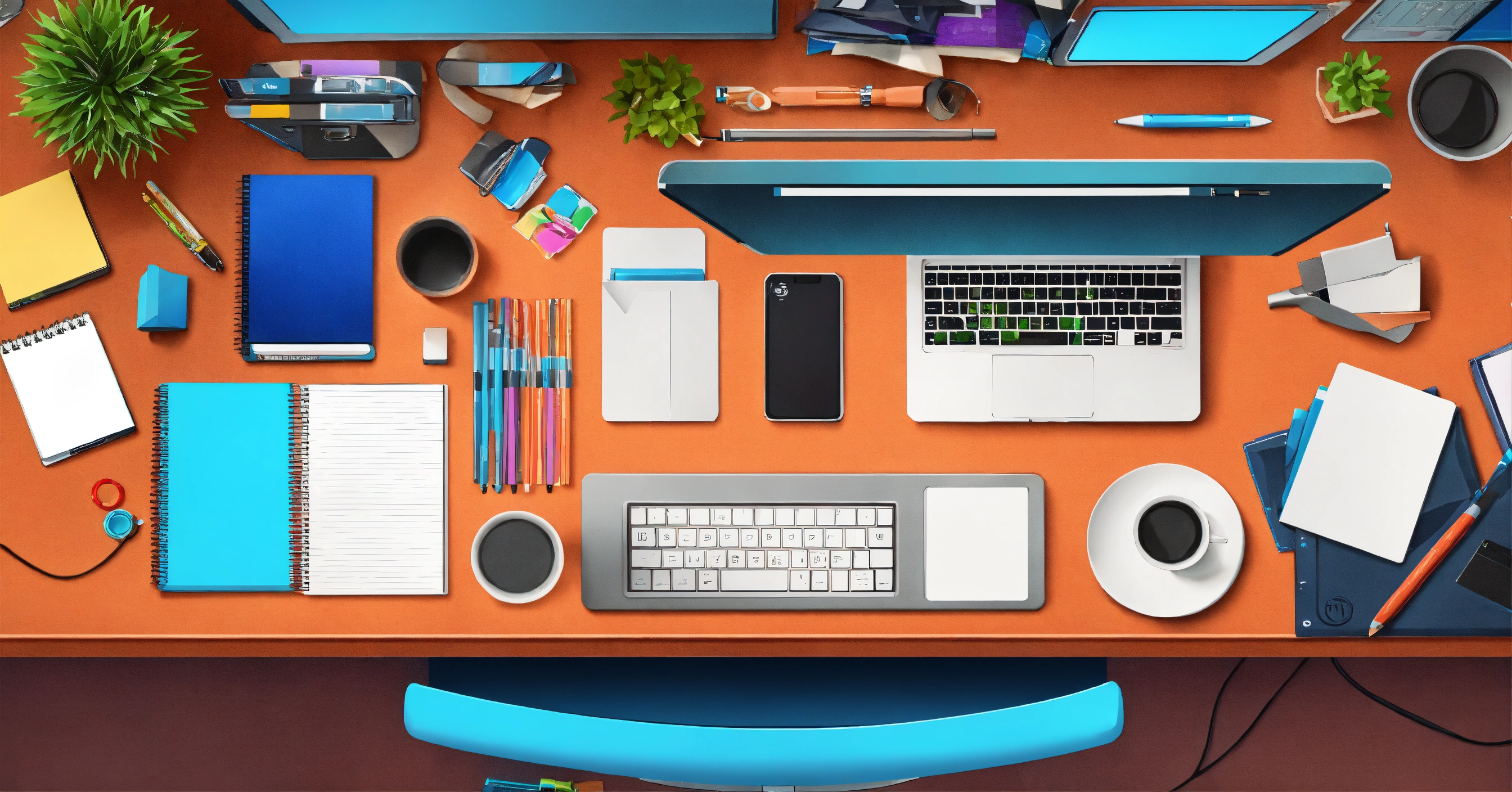 Lexica - Top view Futuristic worktable desk with stationery supplies ...